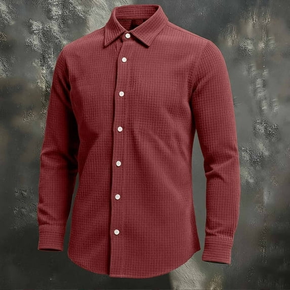 Kakii Men's Waffle Knit Shirt, Modern Button Down Collared Long Sleeve ...