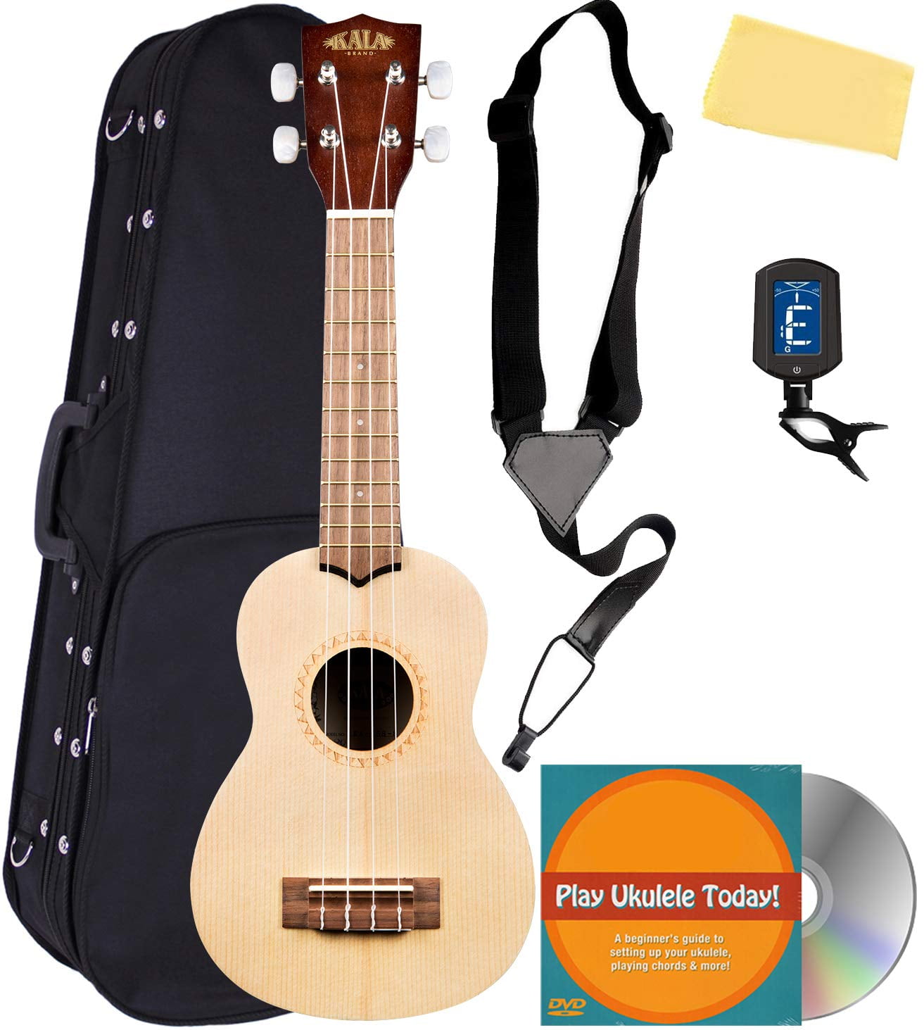 Kala KA-15S-S Satin Spruce Soprano Ukulele Bundle with Hard Case, Tuner ...