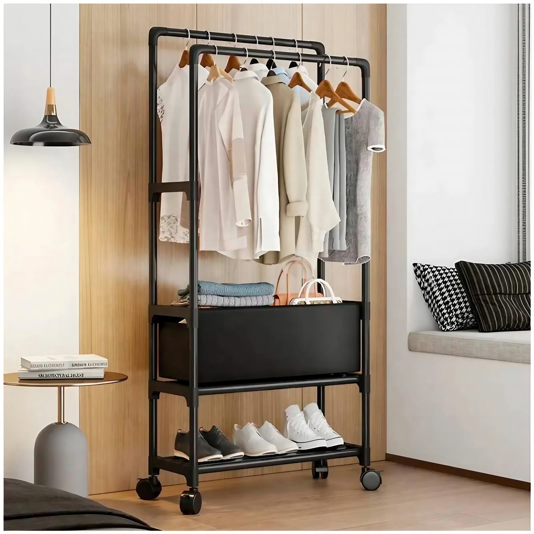 Kalageen 3-in-1 Clothes Organizer, Double Rod Garment Rack with Shoe ...