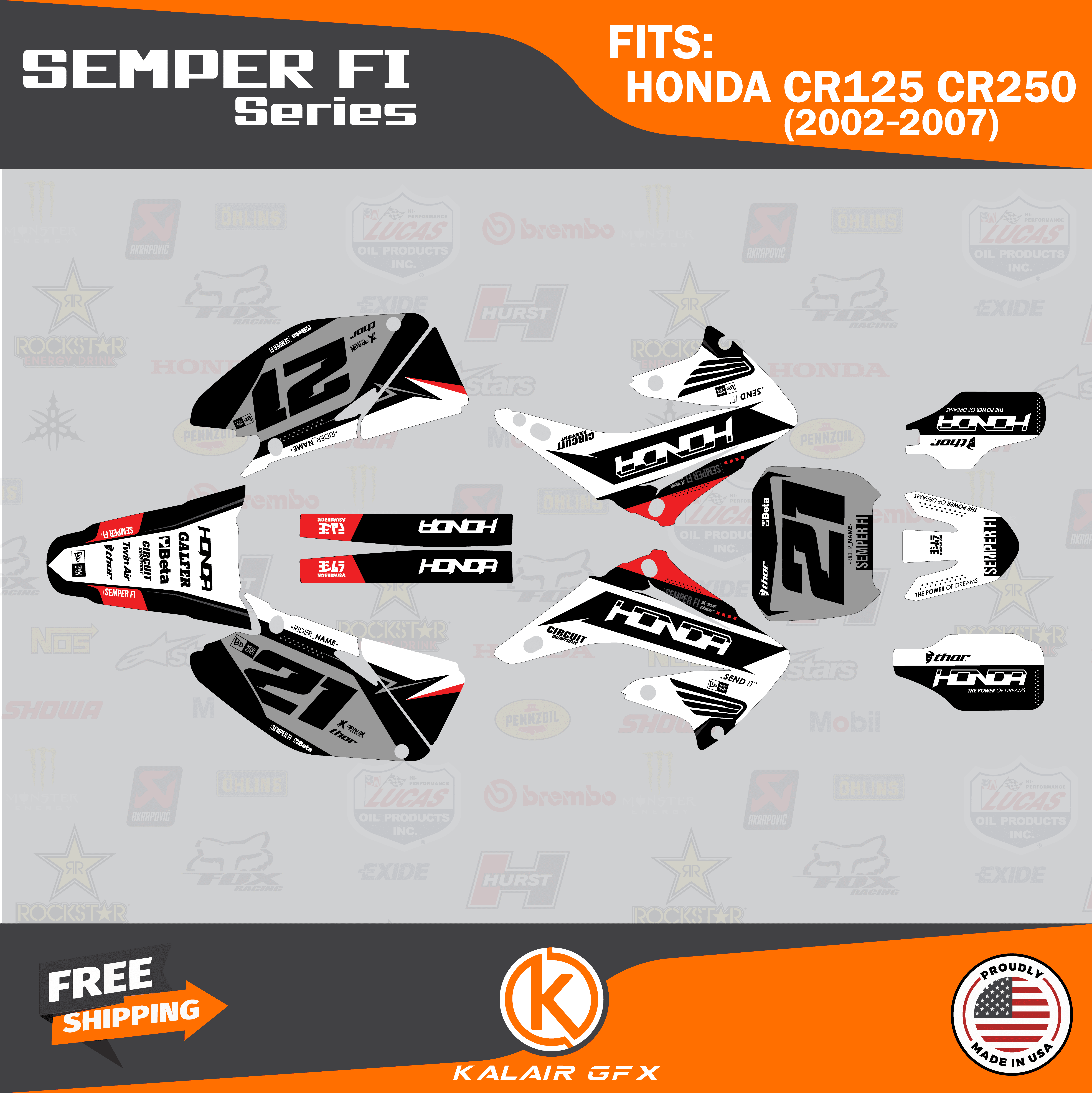 Kalair GFX Graphics Kit for Honda CR125 (2002-2007) Semper-fi Series ...