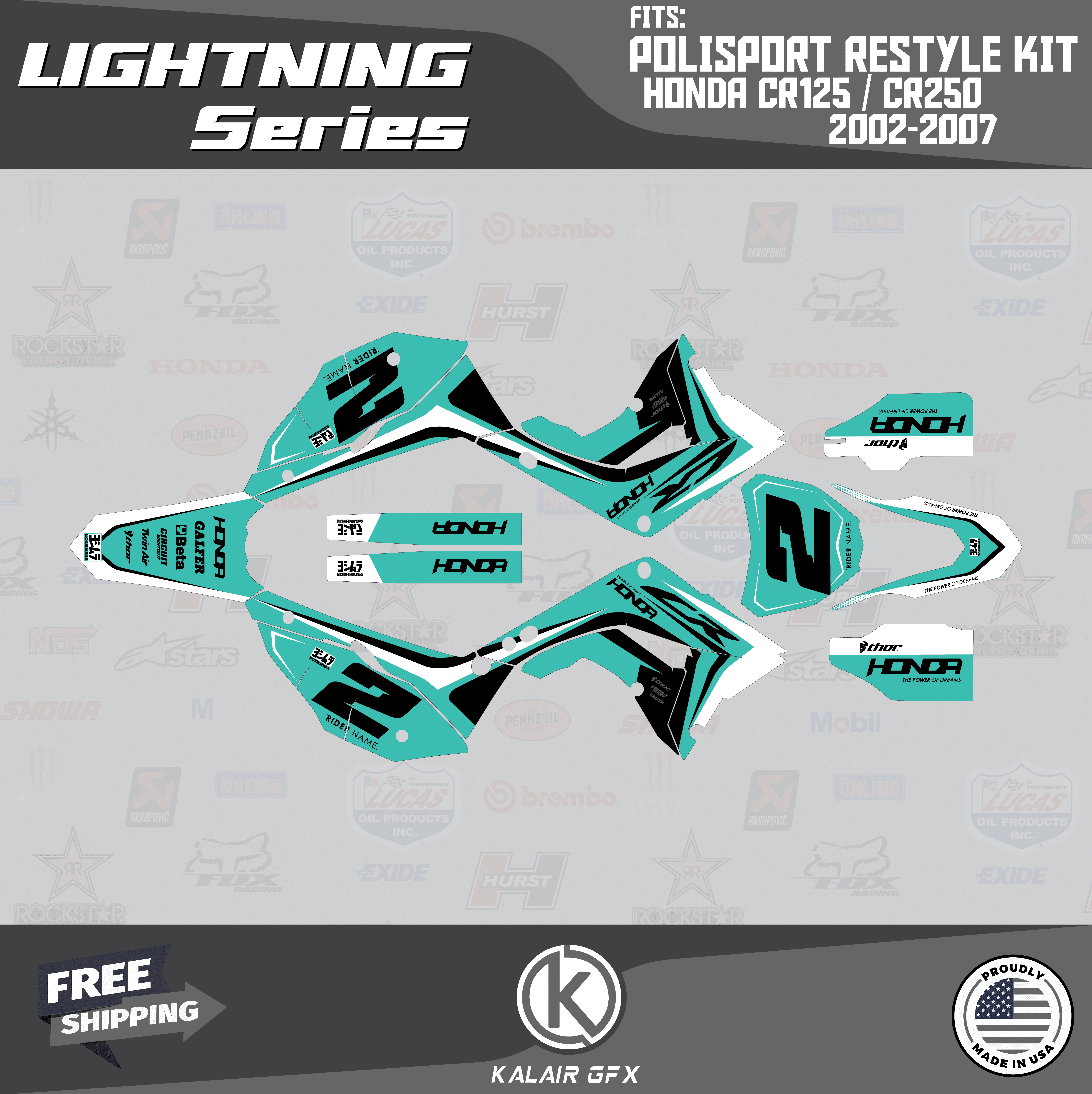 Kalair GFX Graphics Kit for Honda CR125 Polisport (2002-2007) Lightning ...