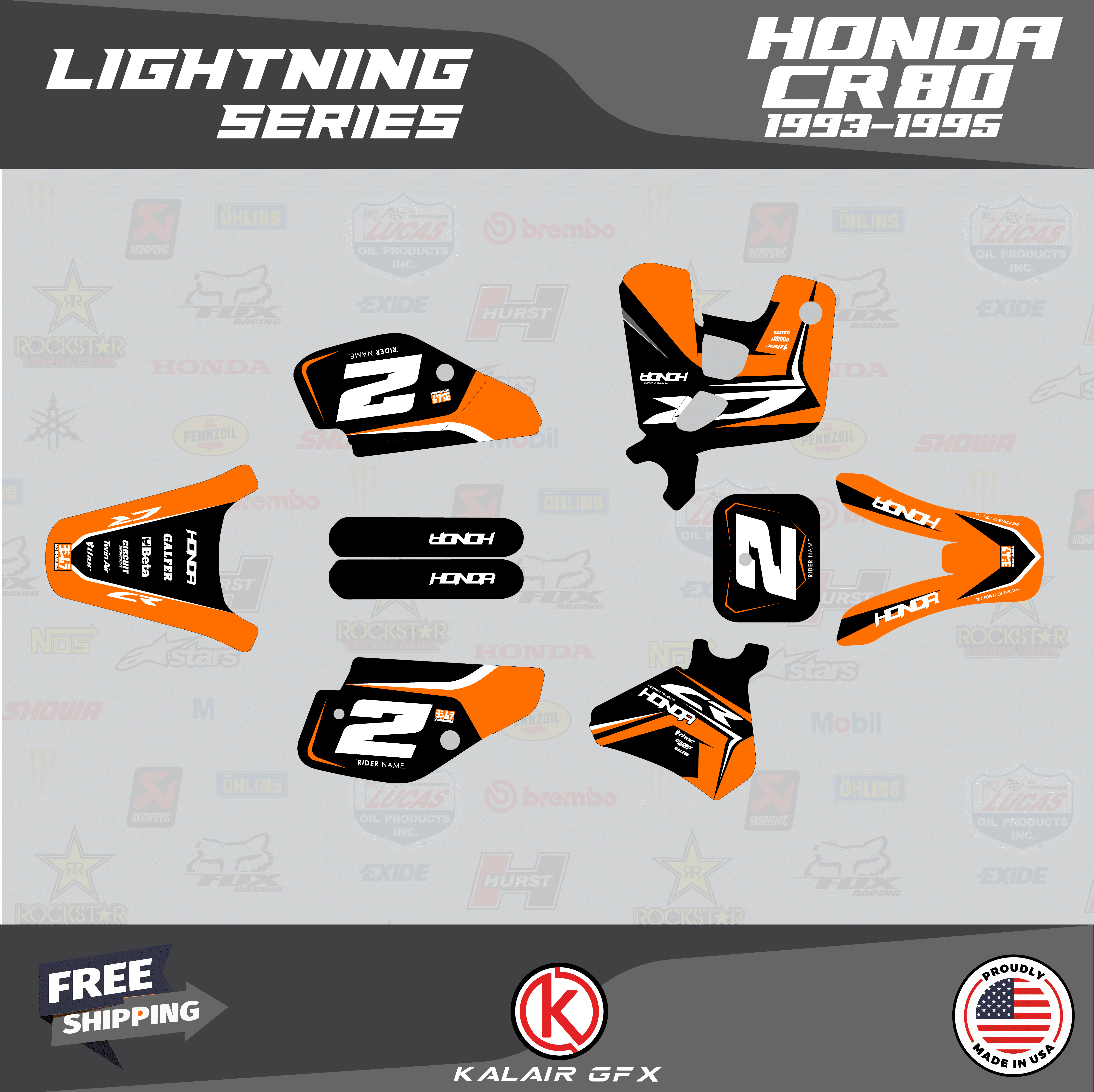 Kalair GFX Graphics Kit for Honda CR80 (1993-1995) Lightning Series ...