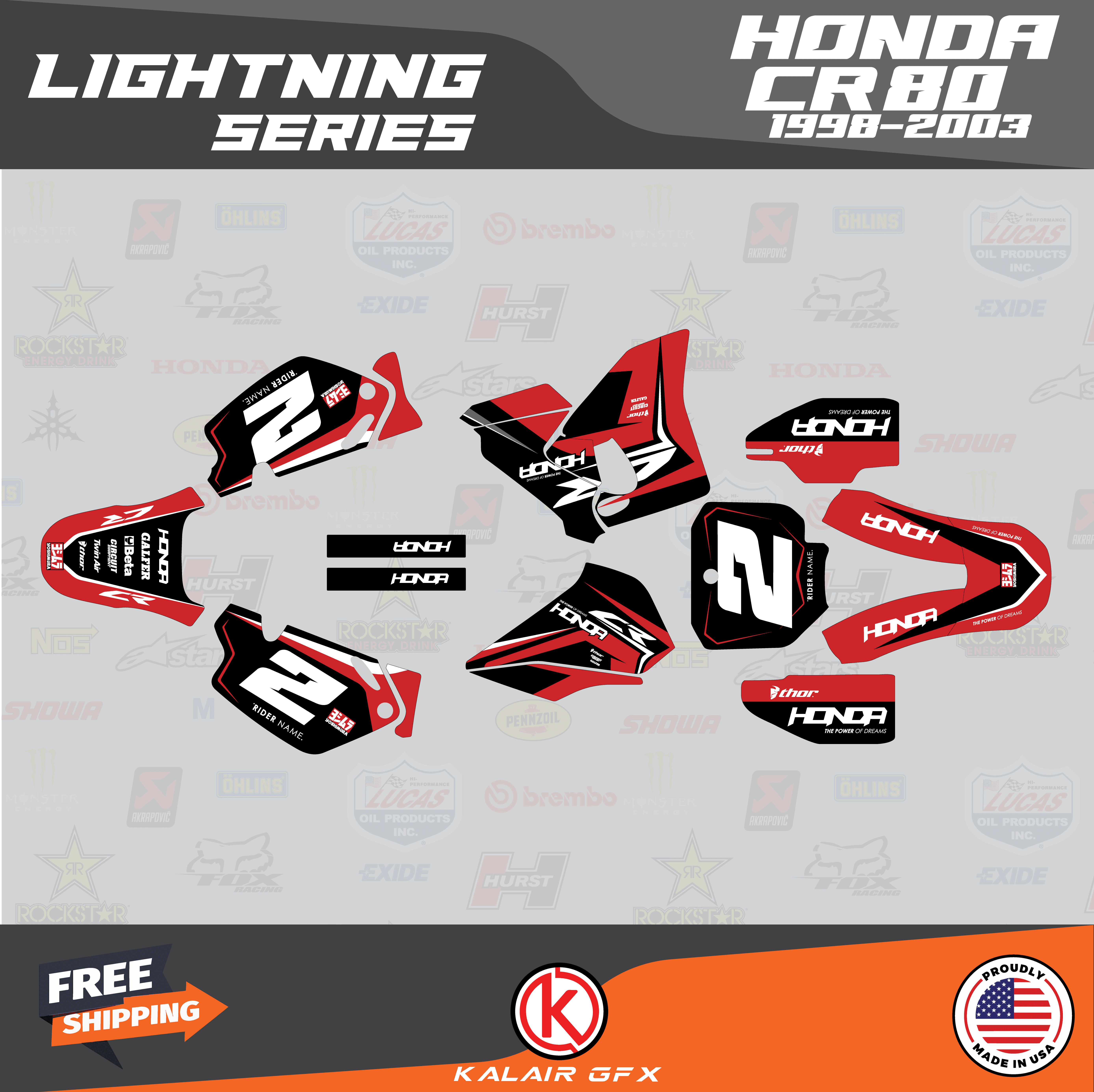 Kalair GFX Graphics Kit for Honda CR80 (1998-2003) Lightning Series ...