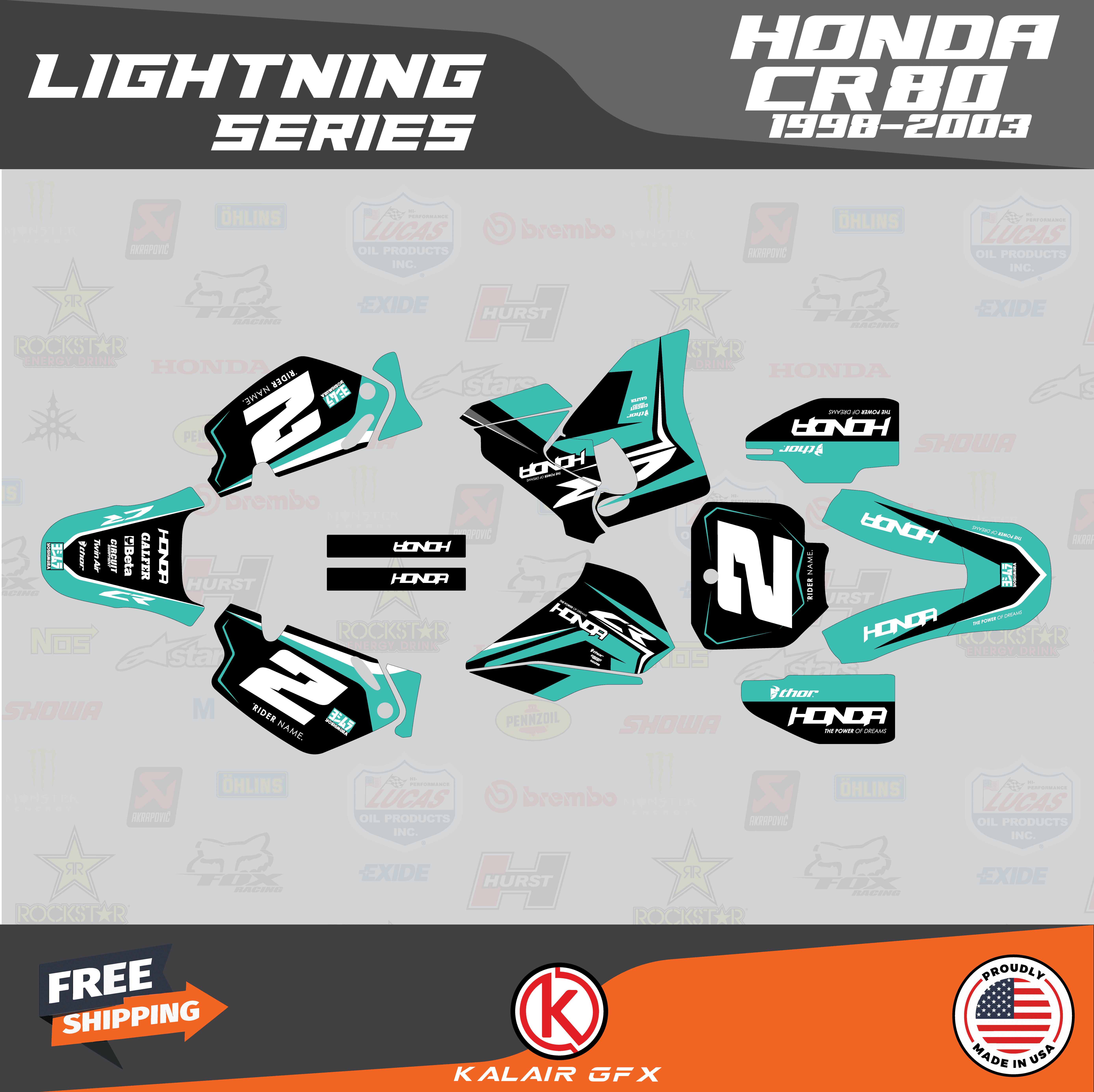 Kalair GFX Graphics Kit for Honda CR80 (1998-2003) Lightning Series ...