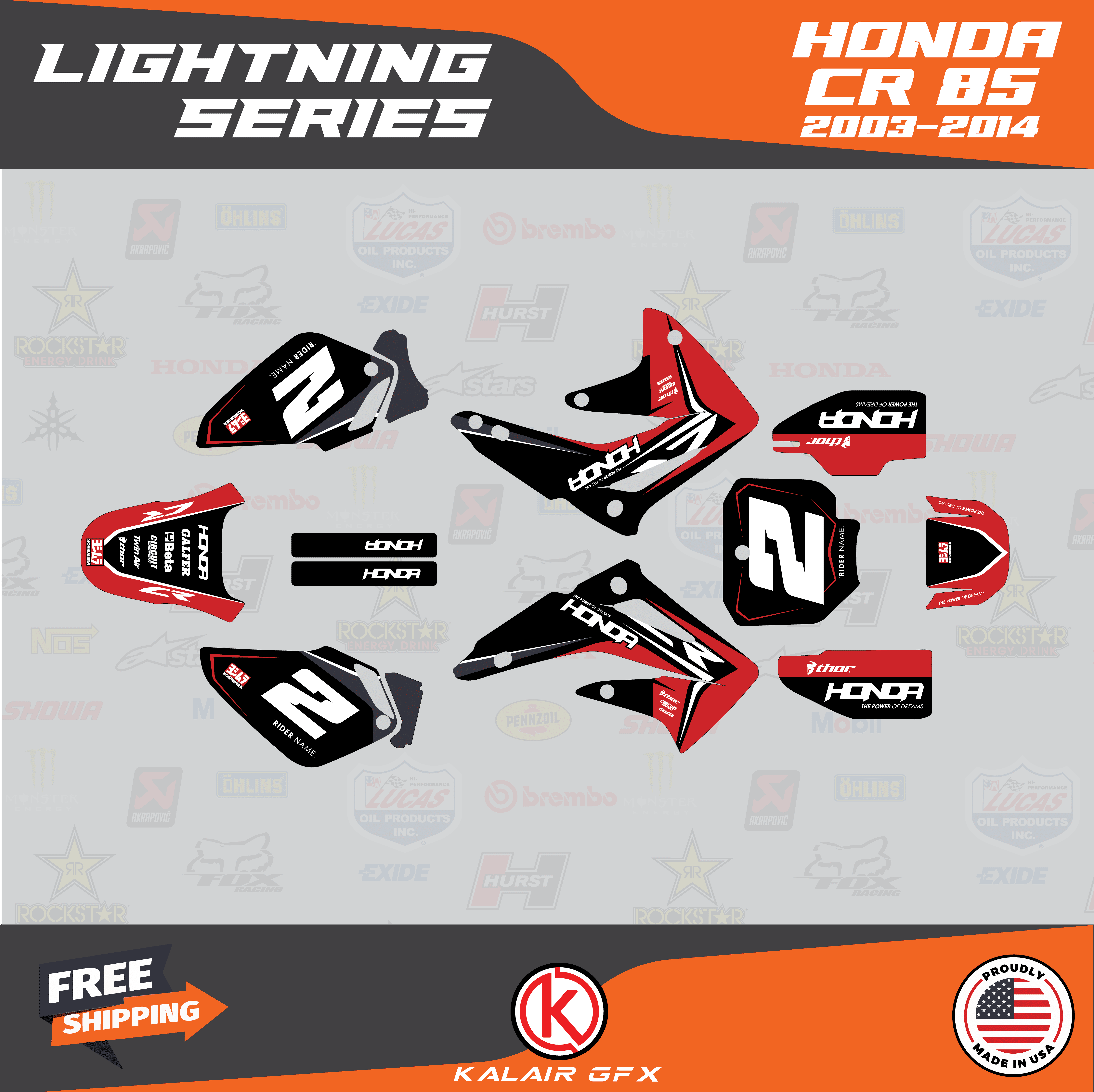 Kalair GFX Graphics Kit for Honda CR85 (2003-2014) Lightning Series ...