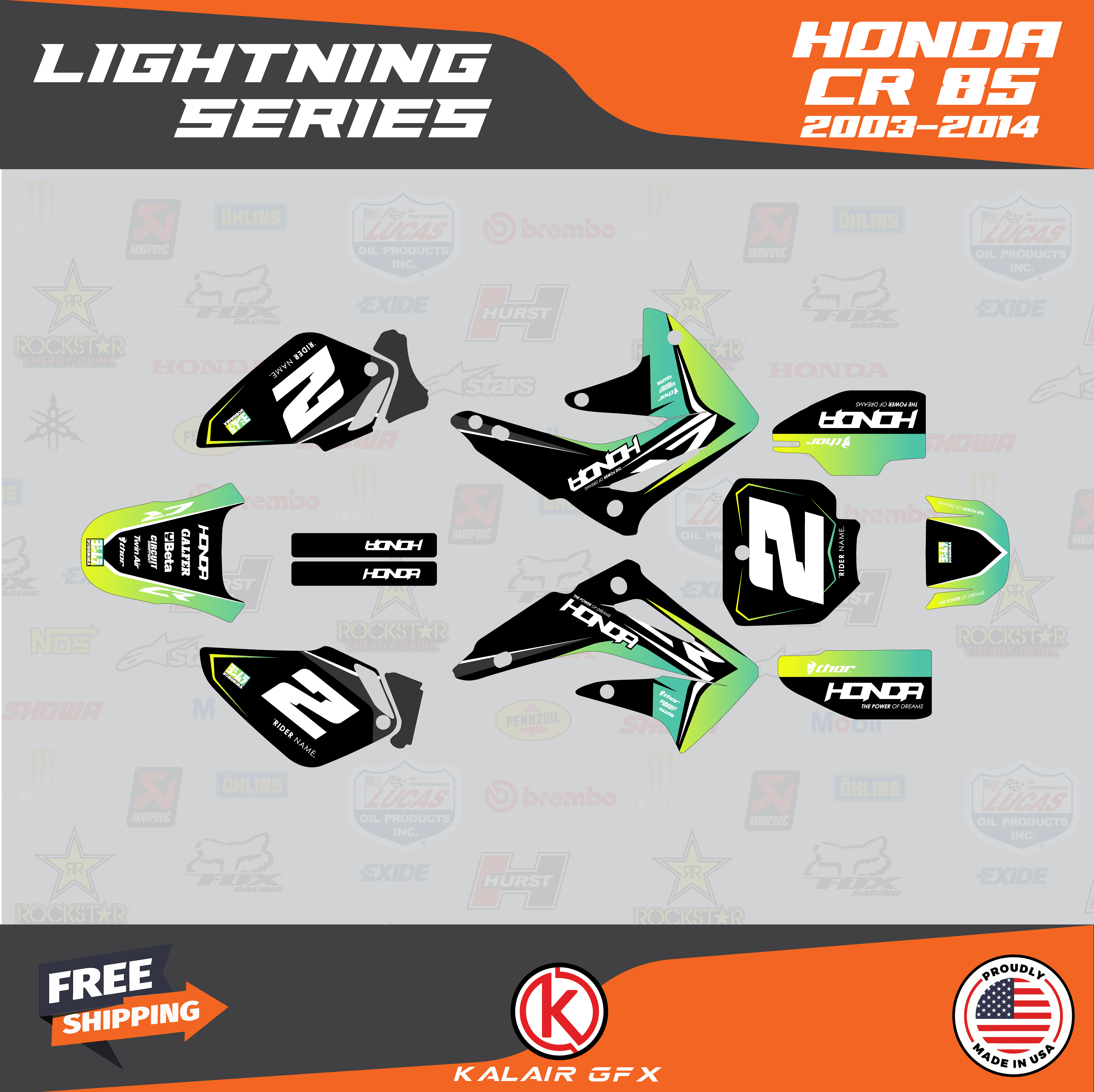 Kalair GFX Graphics Kit for Honda CR85 (2003-2014) Lightning Series ...
