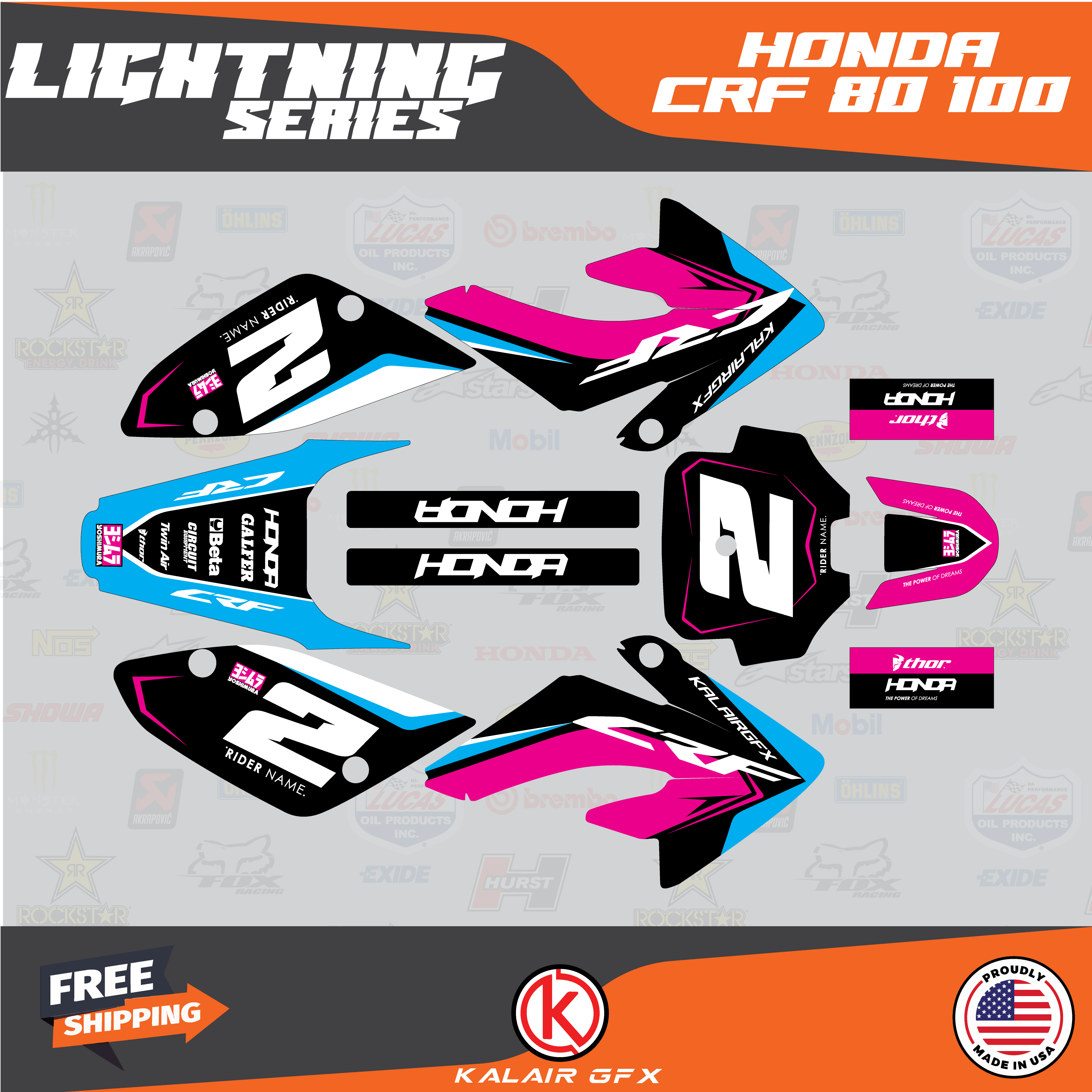 Kalair GFX Graphics Kit for Honda CRF100 (2004-2010) Lightning Series ...