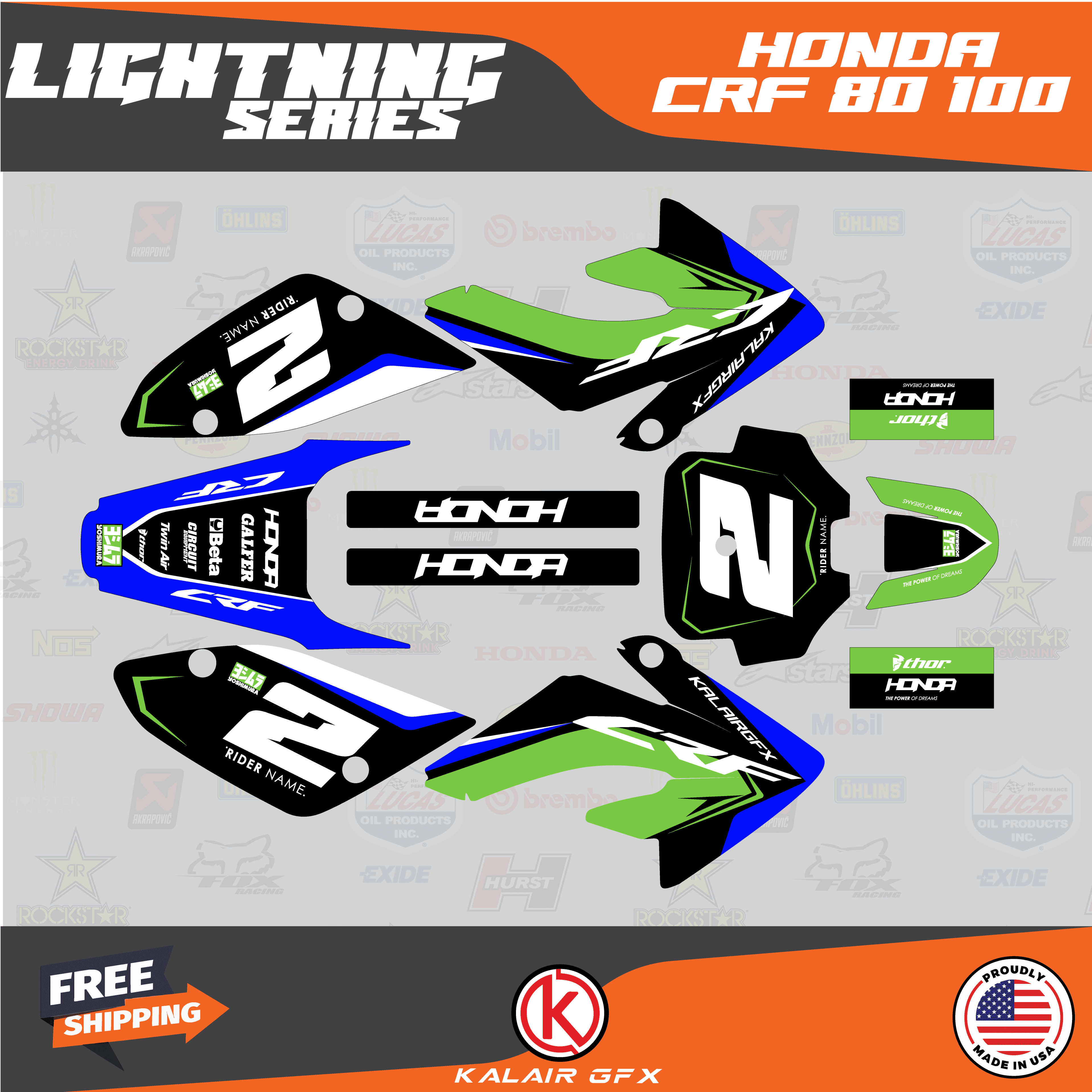 Kalair GFX Graphics Kit for Honda CRF100 (2004-2010) Lightning Series ...