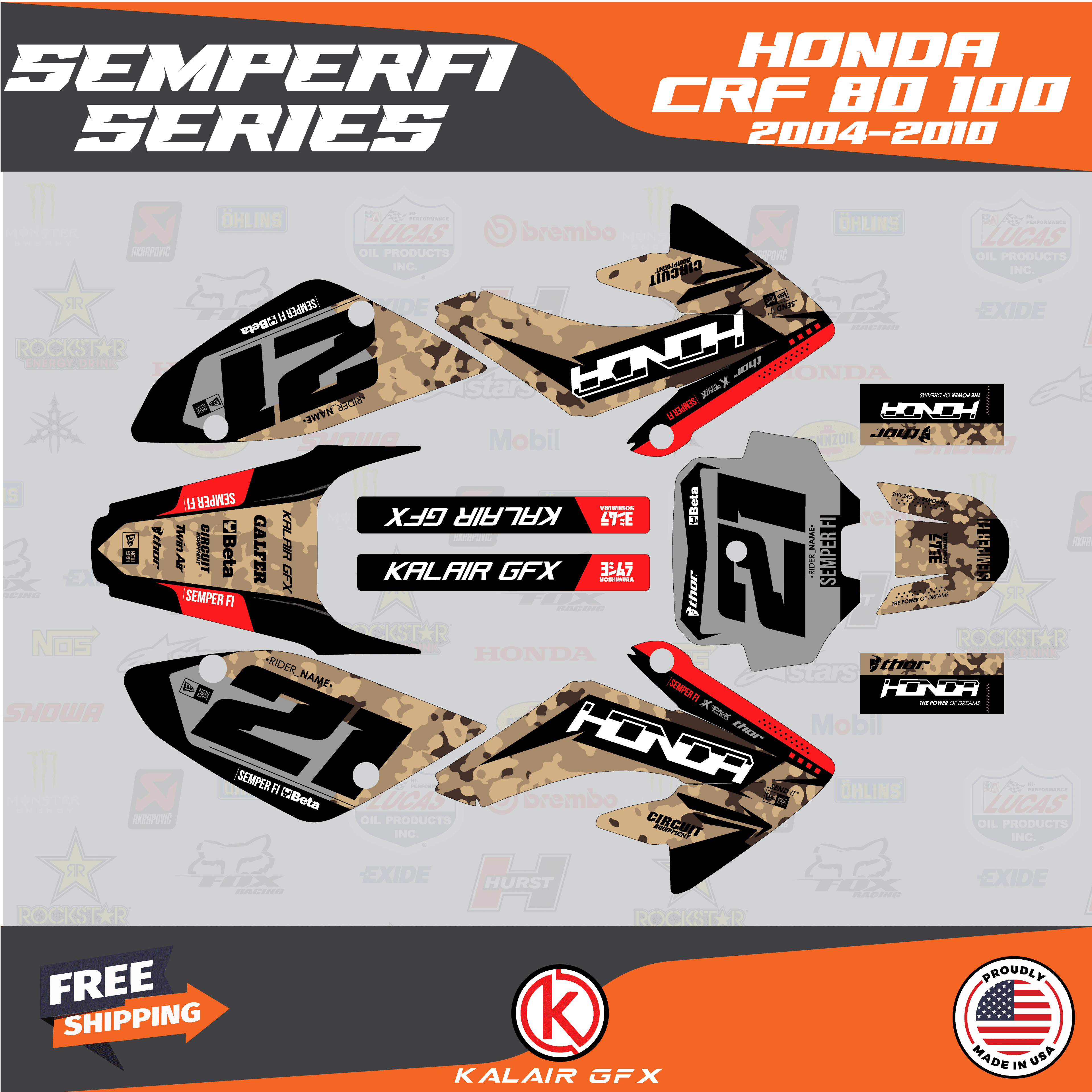 Kalair GFX Graphics Kit for Honda CRF100 (2004-2010) Semperfi Series ...