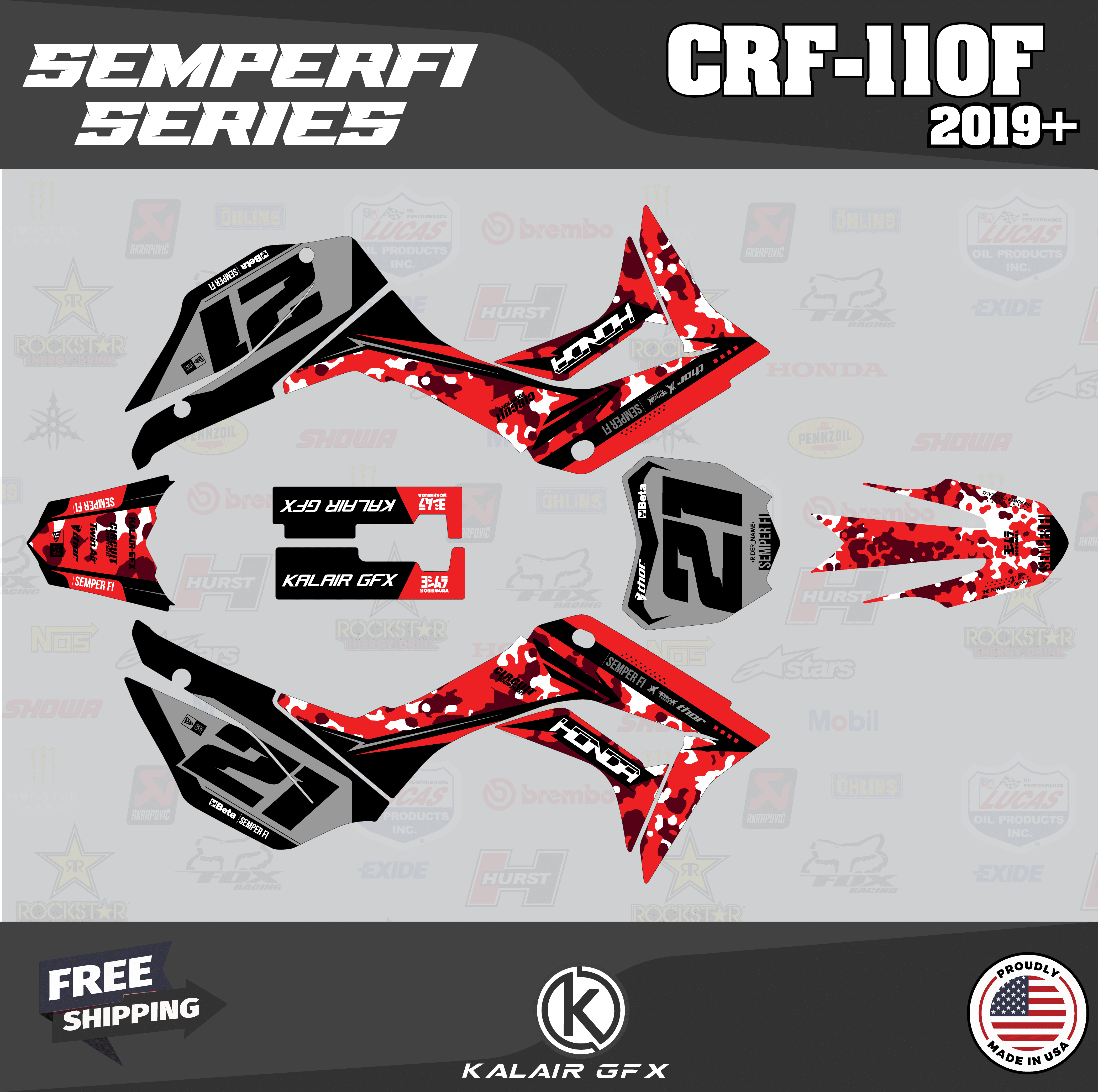 Kalair GFX Graphics Kit for Honda CRF110F (2019-2024) Semperfi Series ...
