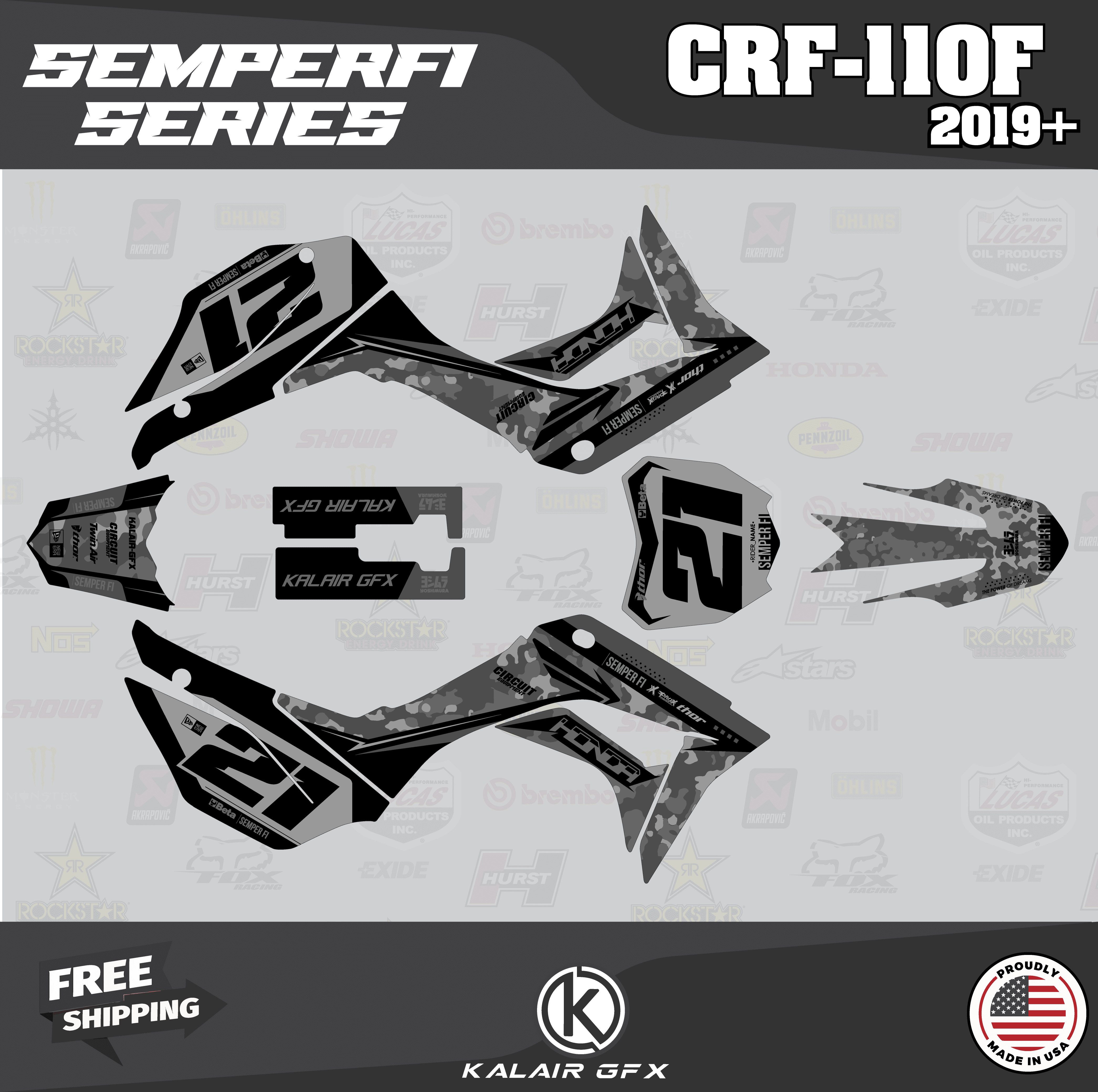Kalair GFX Graphics Kit for Honda CRF110F (2019-2024) Semperfi Series ...