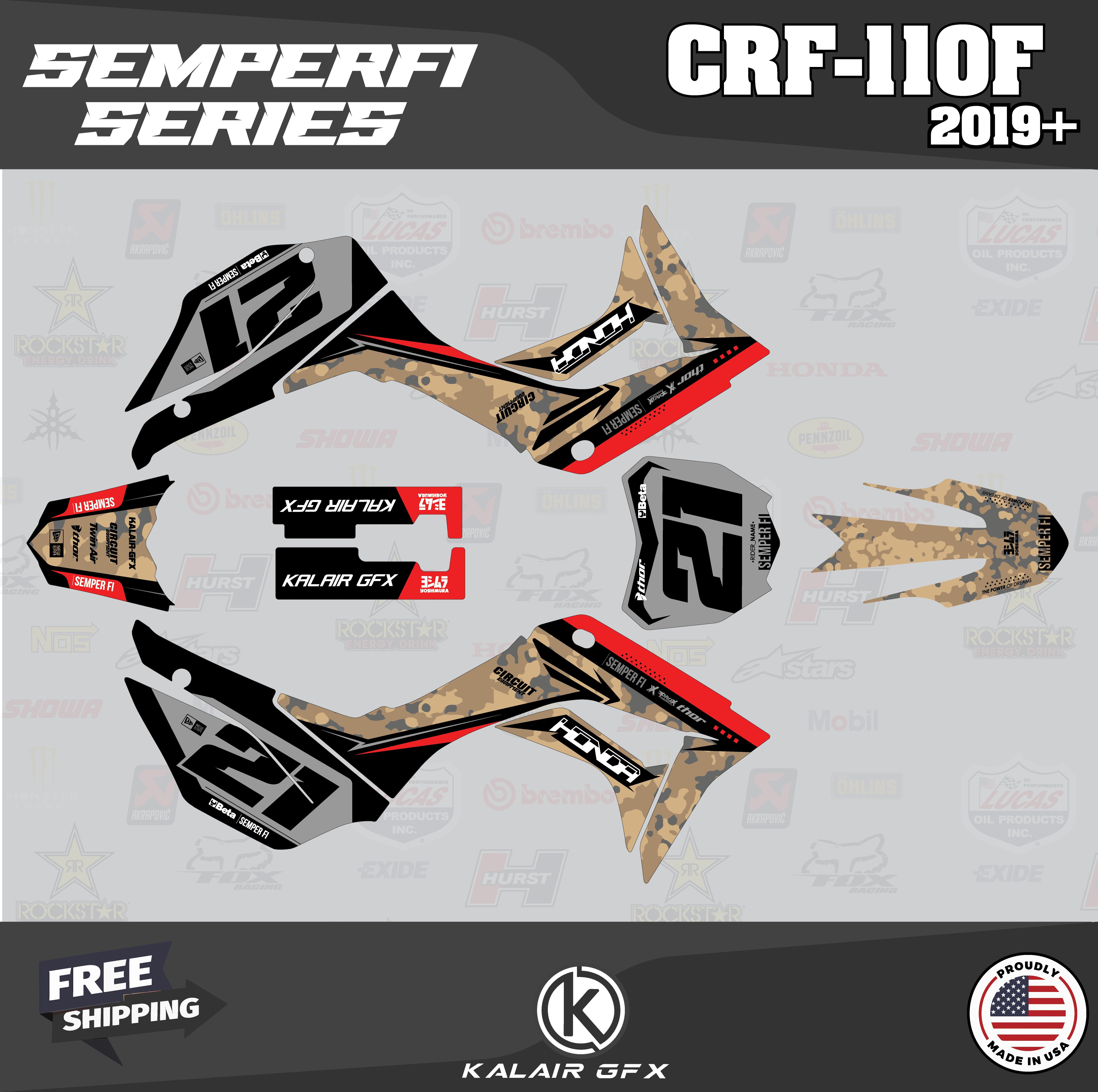 Kalair GFX Graphics Kit for Honda CRF110F (2019-2024) Semperfi Series ...