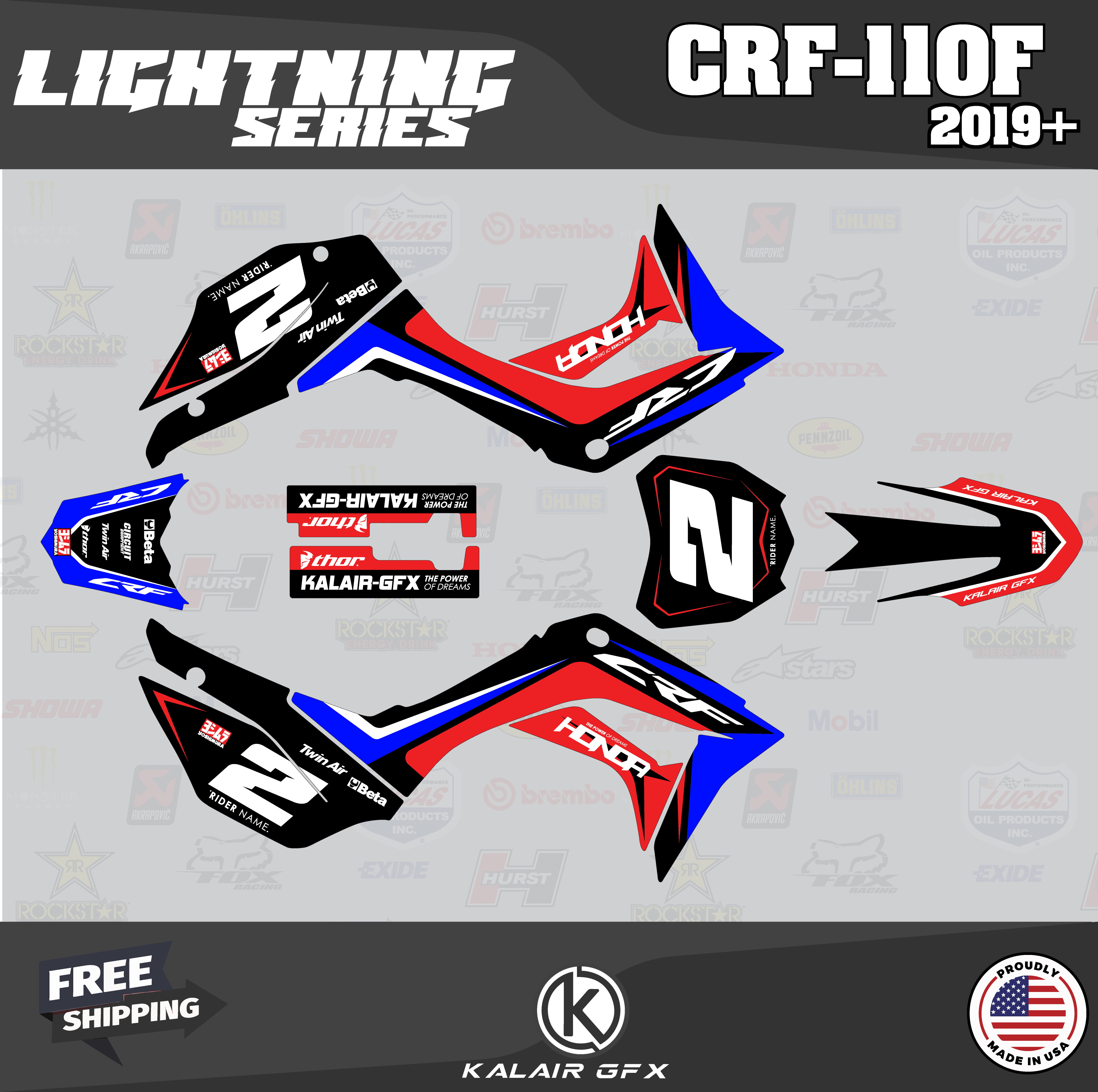 Kalair GFX Graphics Kit for Honda CRF110F (2019-2024) Lightning Series ...