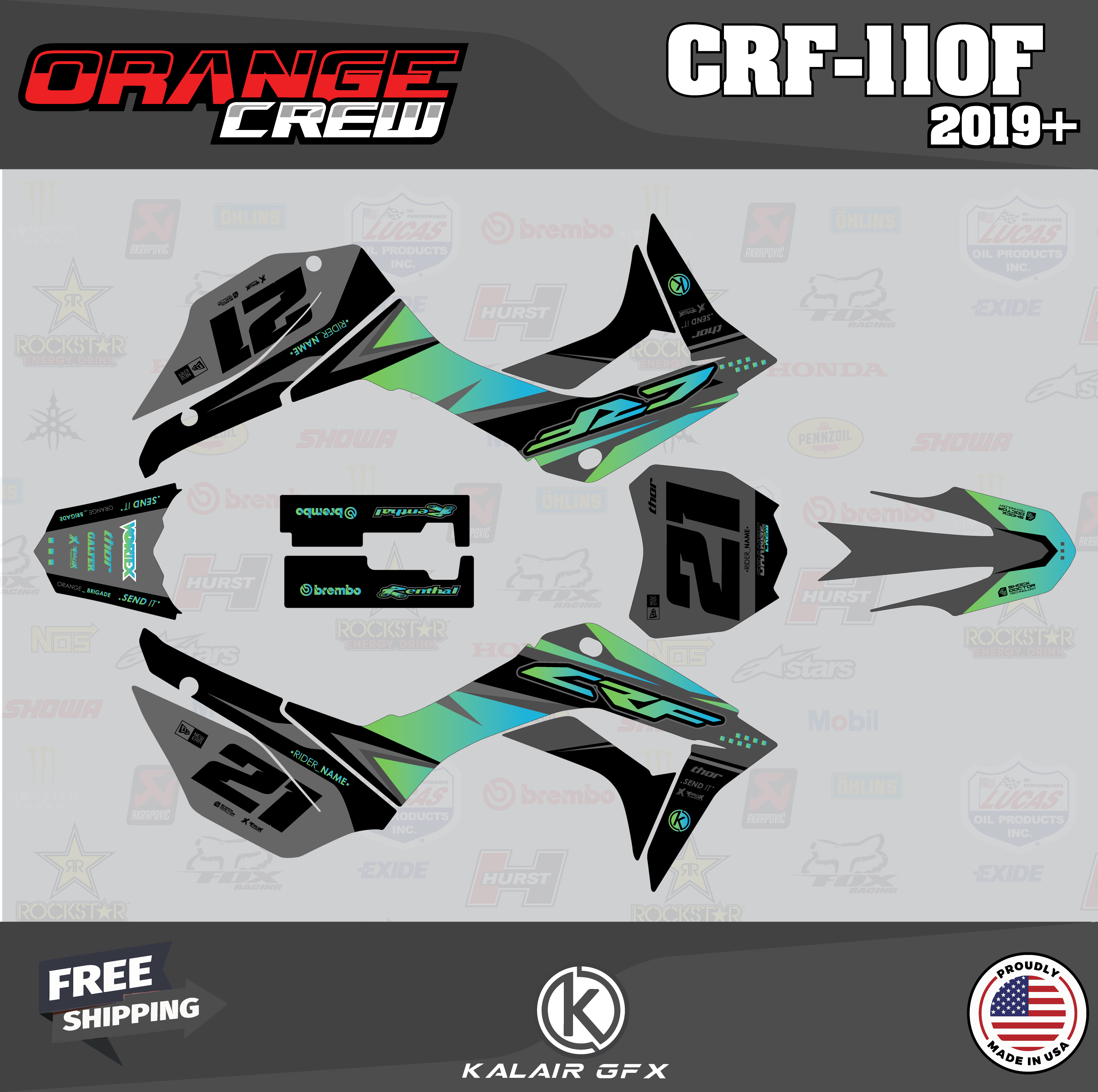 Kalair GFX Graphics Kit for Honda CRF110F (2019-2024) Orange-crew ...