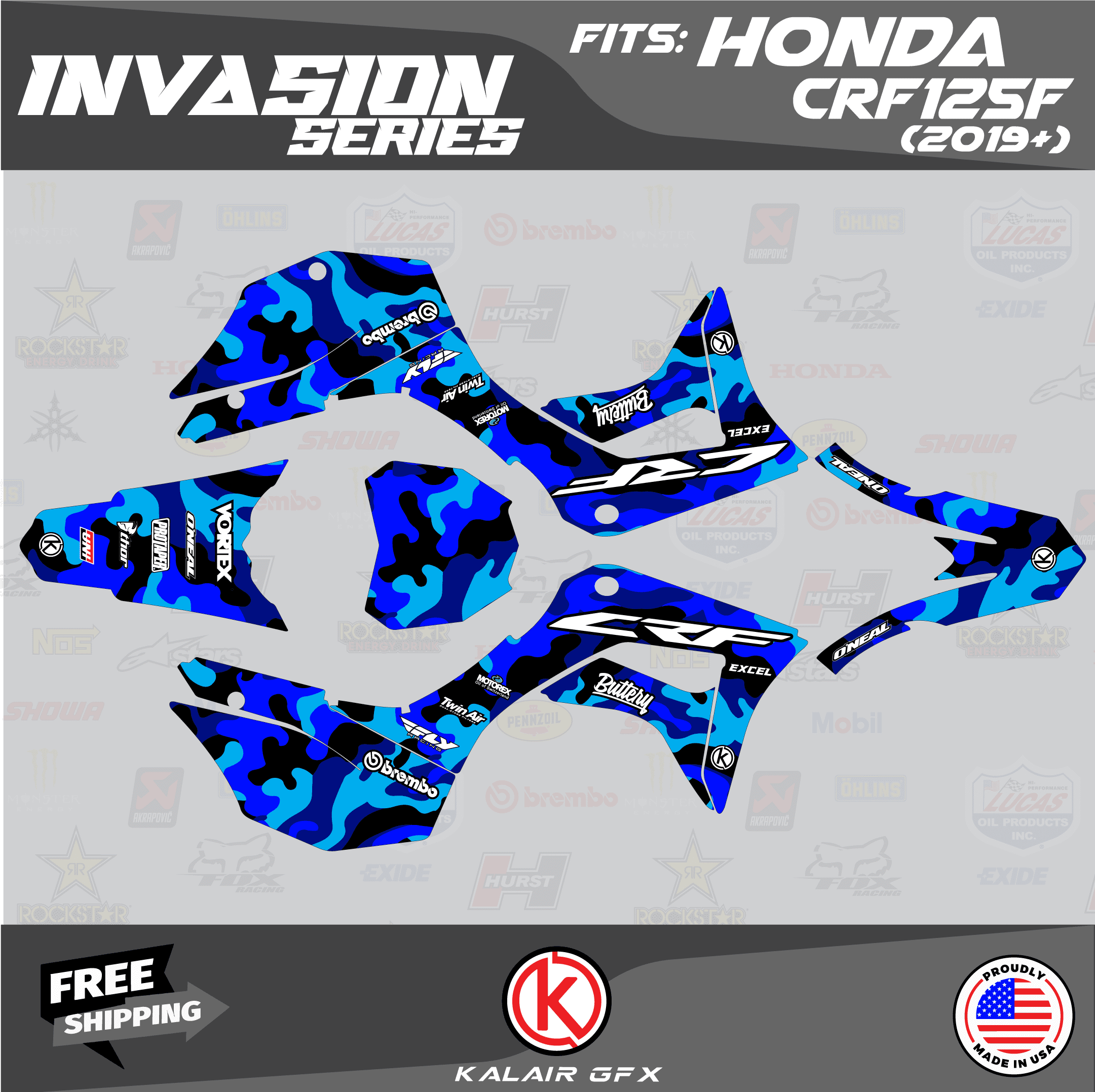 Kalair GFX Graphics Kit for Honda CRF125F (2019-2024) Invasion Series ...