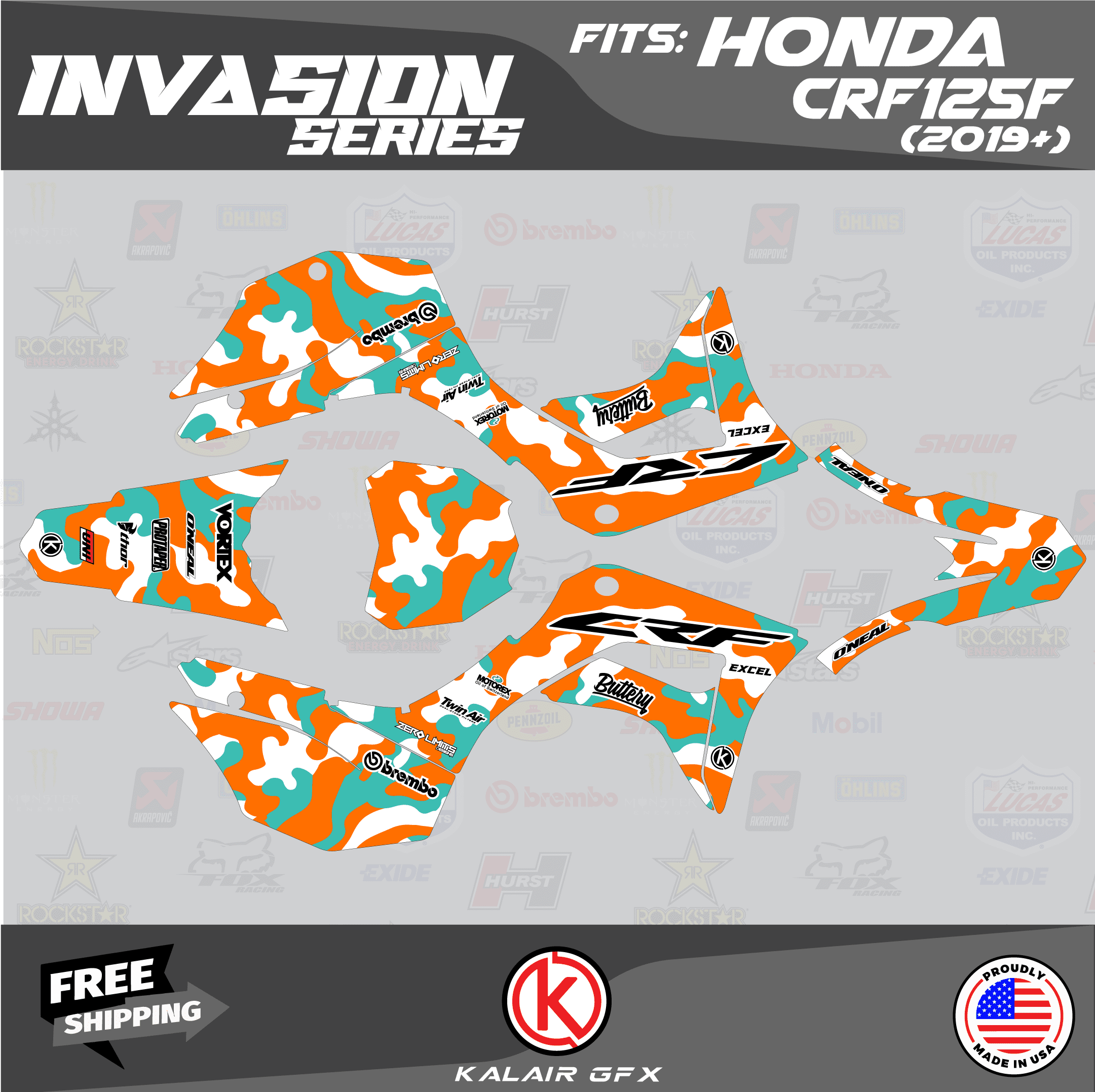 Kalair GFX Graphics Kit for Honda CRF125F (2019-2024) Invasion Series ...