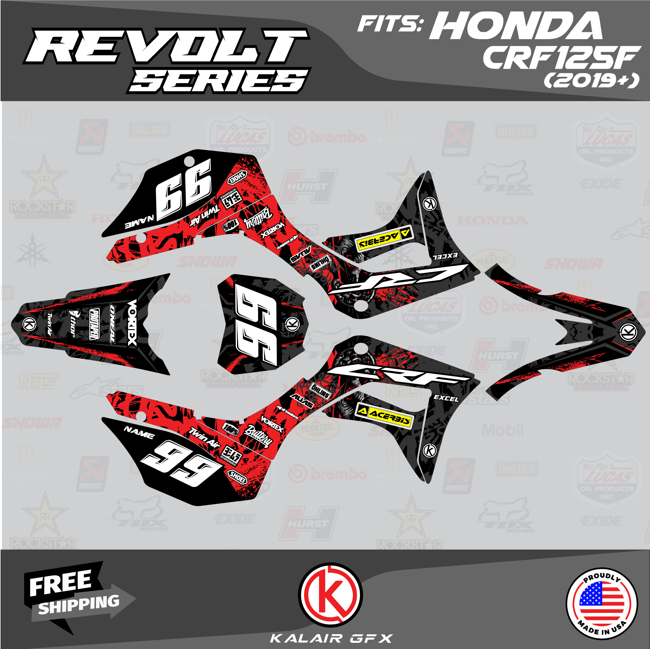 Kalair GFX Graphics Kit for Honda CRF125F (2019-2024) Revolt Series ...