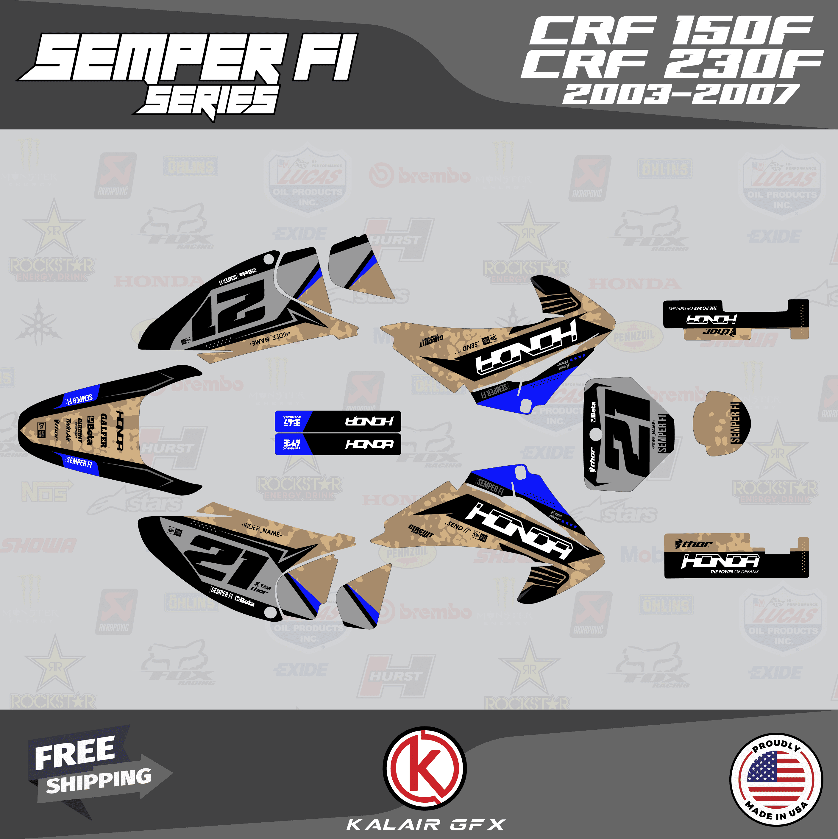 Kalair GFX Graphics Kit for Honda CRF150F (2003-2007) Semperfi Series ...
