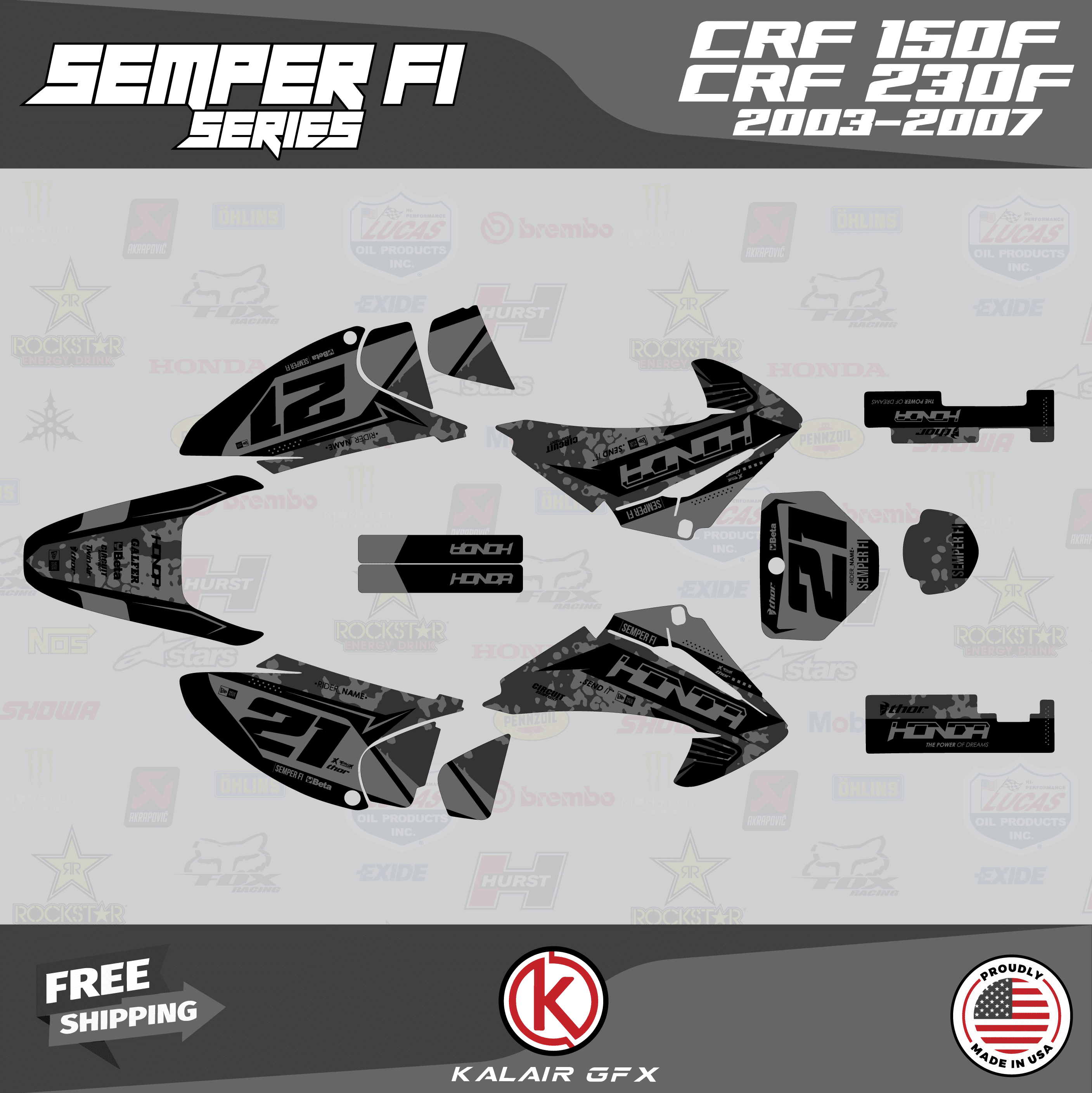 Kalair GFX Graphics Kit for Honda CRF150F (2003-2007) Semperfi Series ...