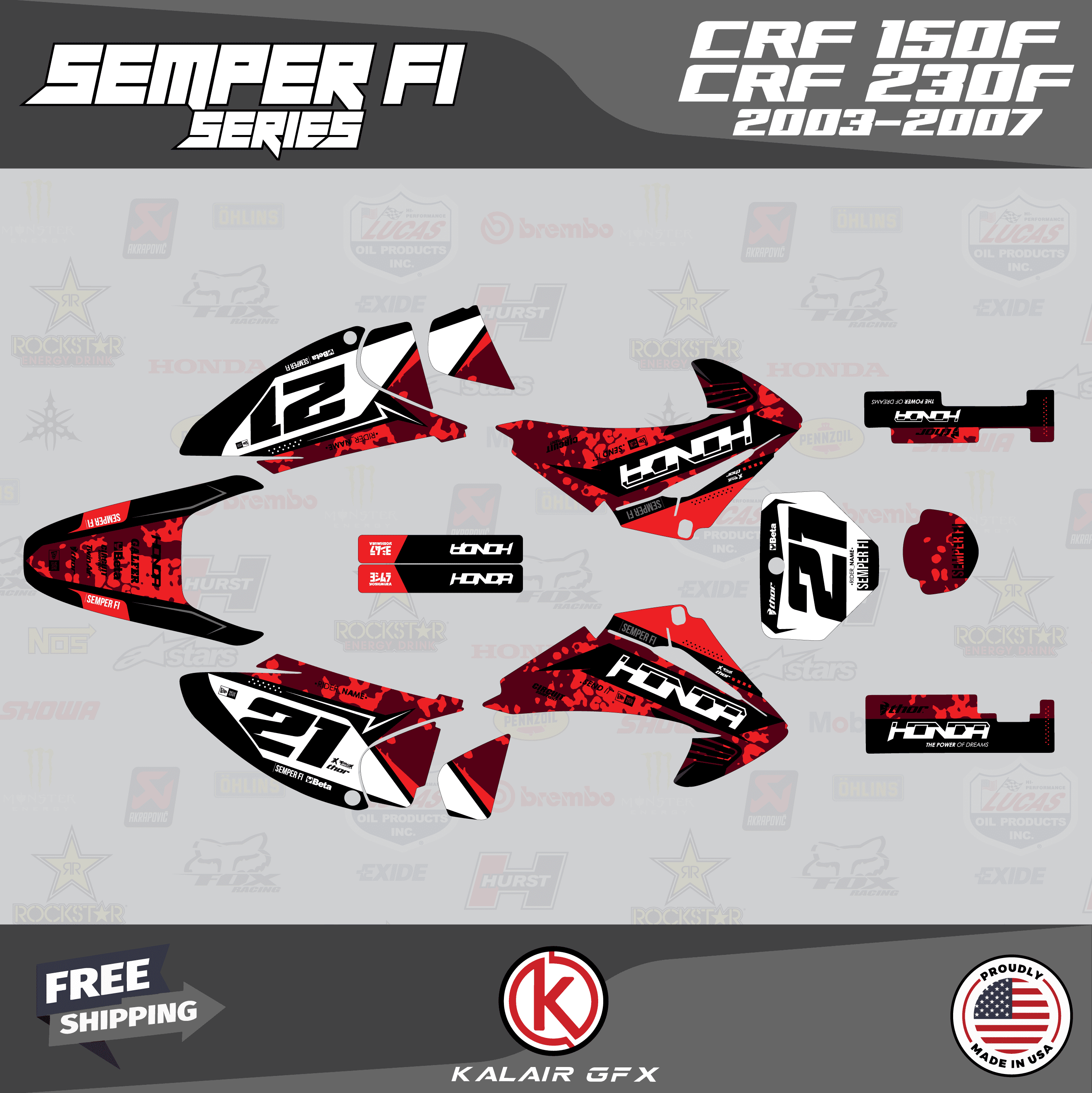 Kalair GFX Graphics Kit for Honda CRF150F (2003-2007) Semperfi Series ...
