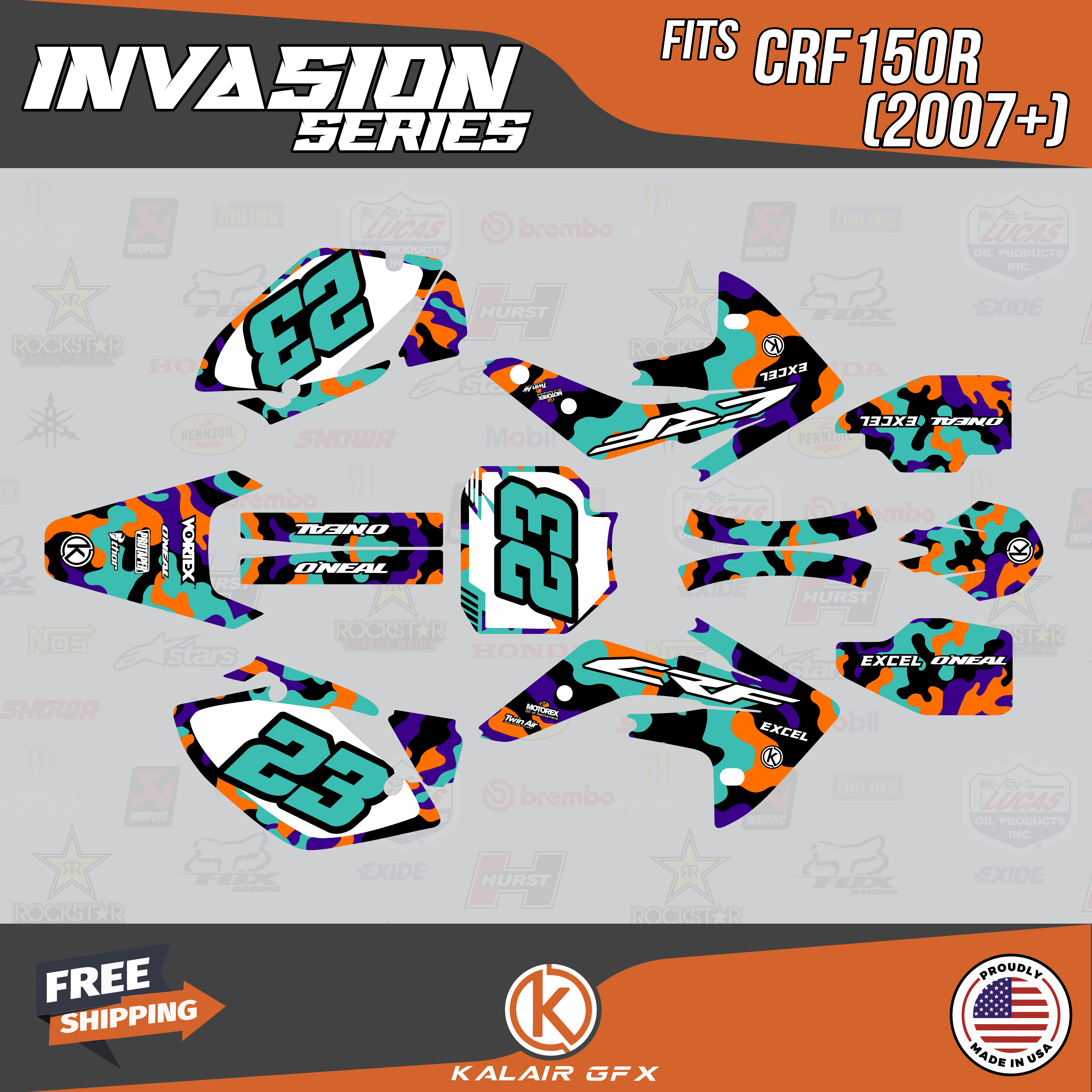 Kalair GFX Graphics Kit for Honda CRF150R (2007-2023) Invasion Series ...