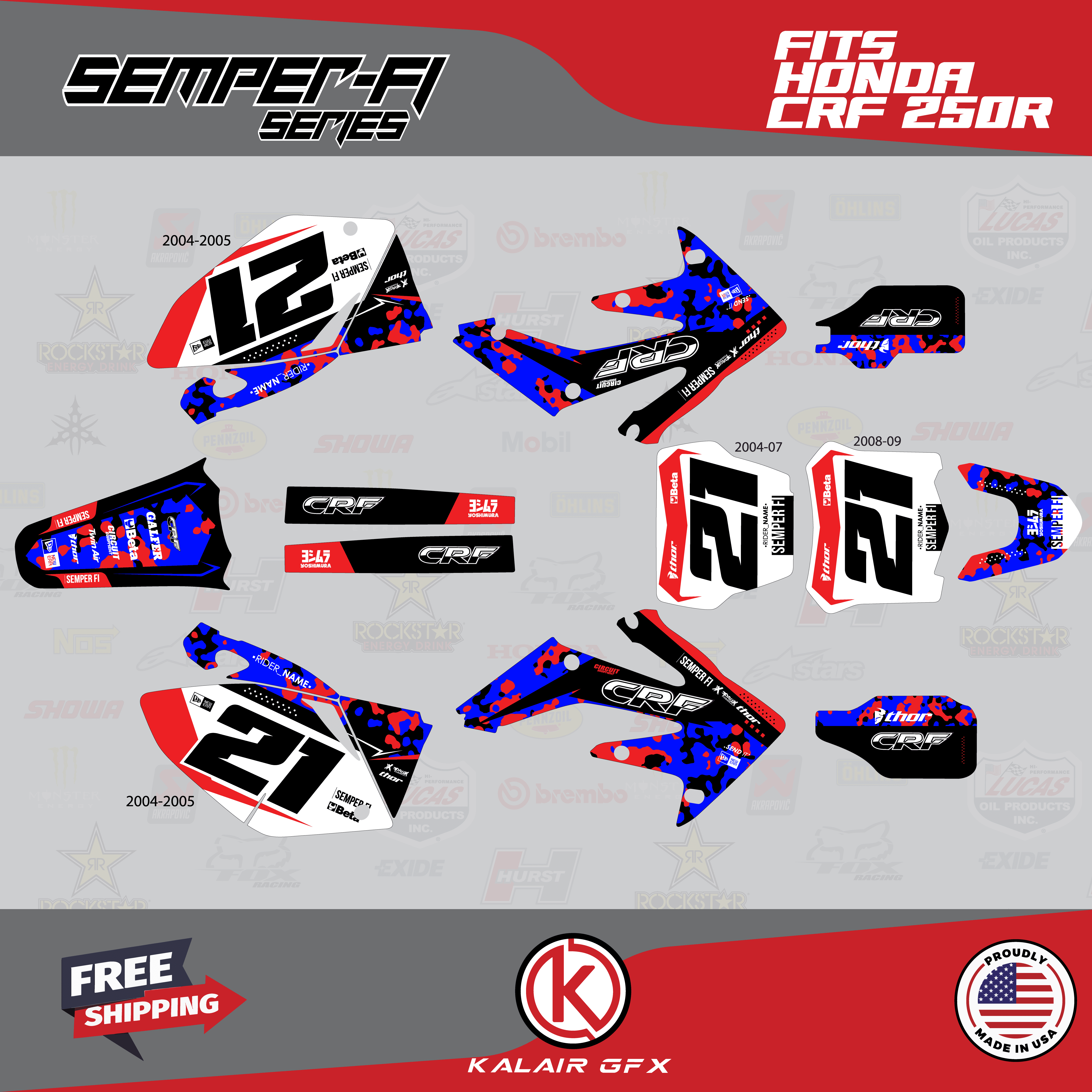 Kalair GFX Graphics Kit for Honda CRF250R (2004-2005) Semperfi Series ...