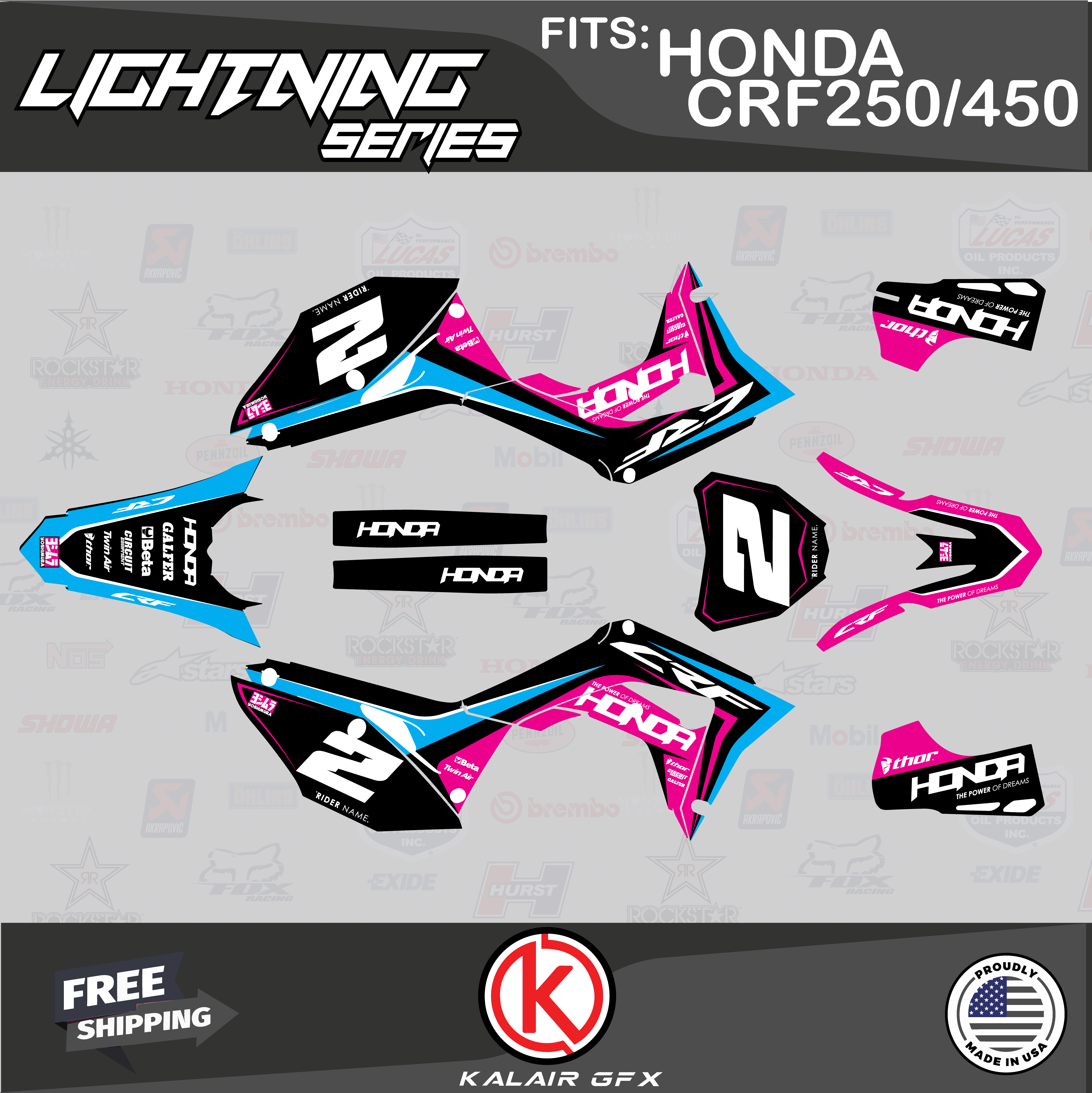Kalair GFX Graphics Kit for Honda CRF250R (2018-2021) Lightning Series ...
