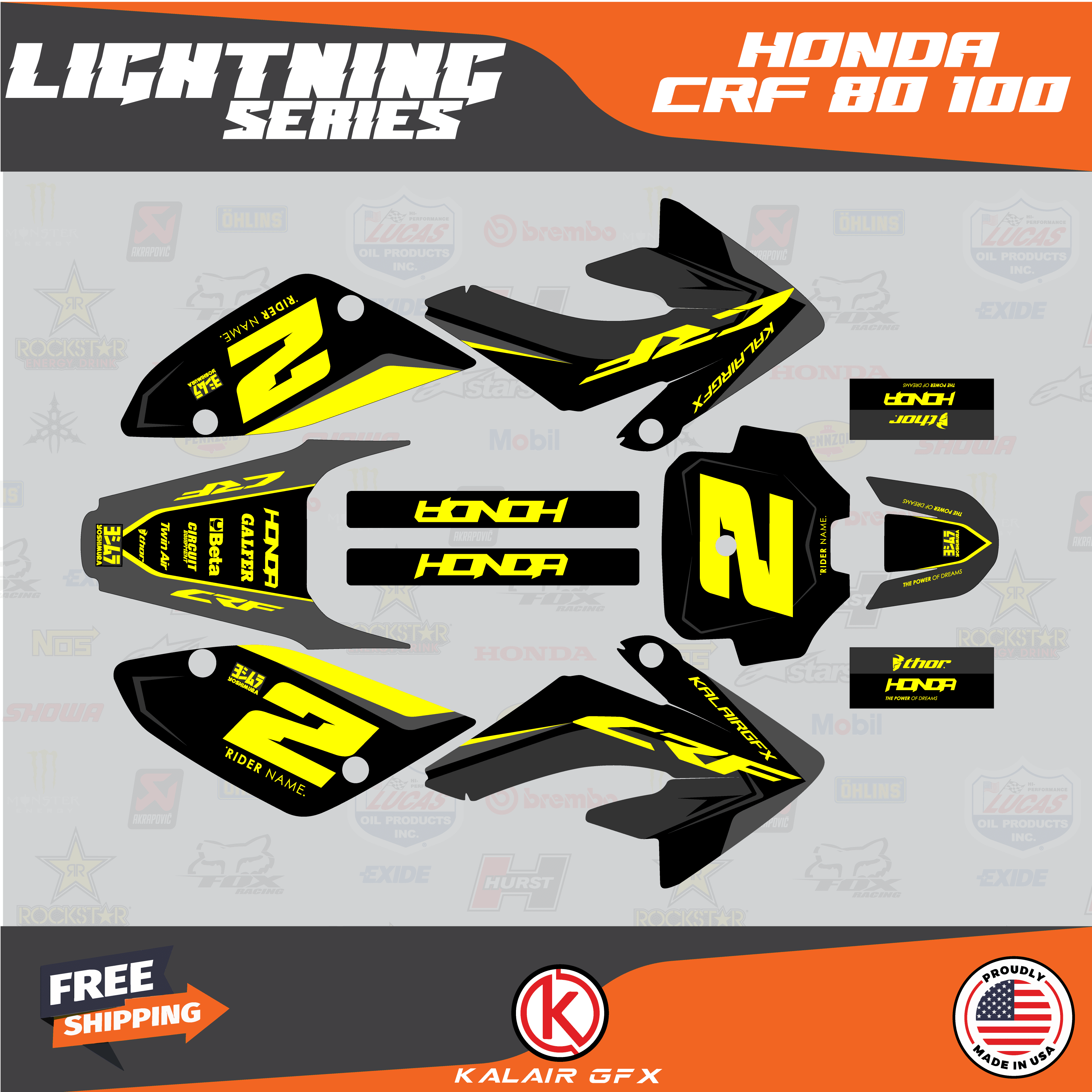 Kalair GFX Graphics Kit for Honda CRF80 (2011-2016) Lightning Series ...