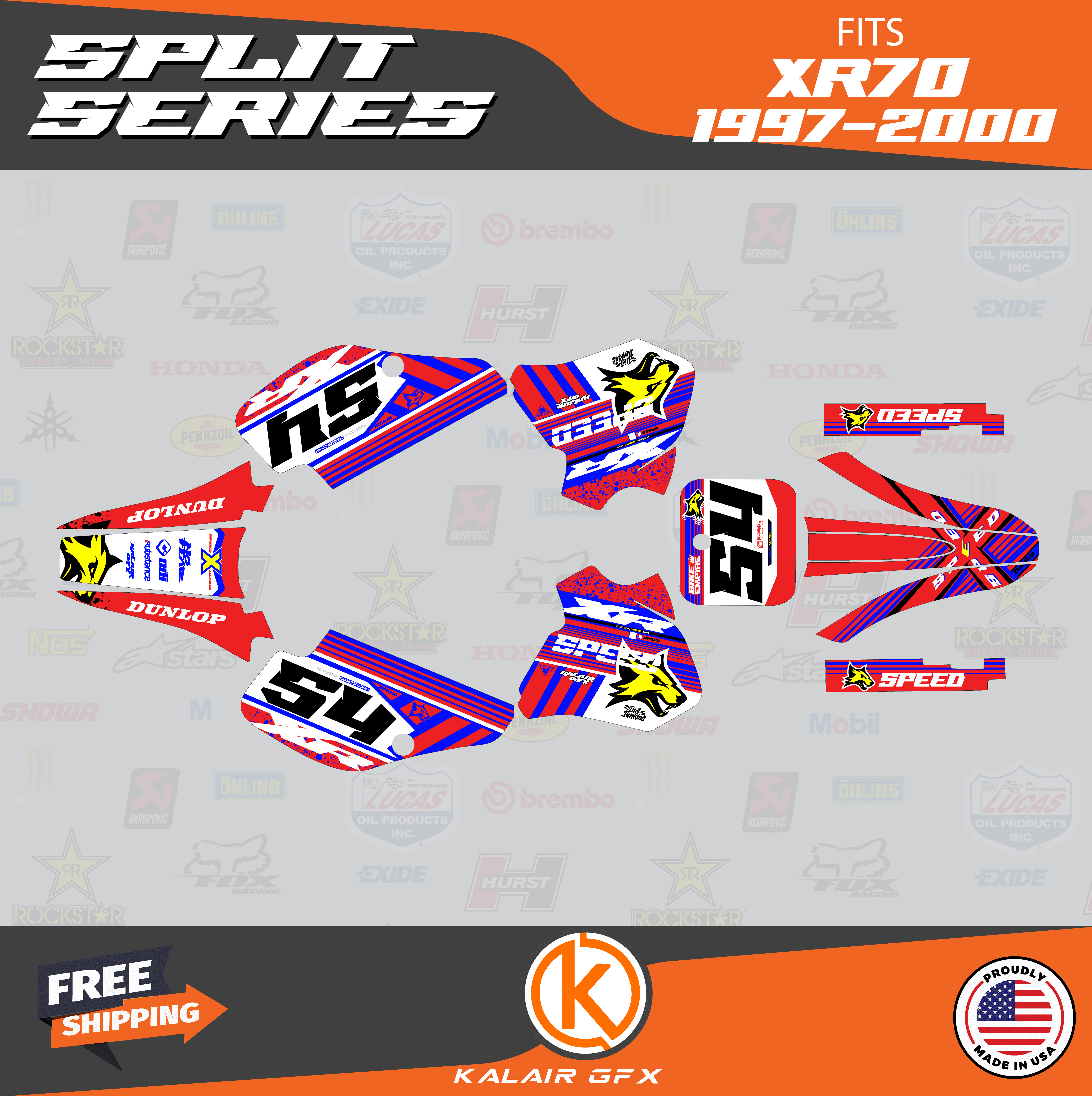 Kalair GFX Graphics Kit for Honda XR70 (1997-2000) Split Series ...