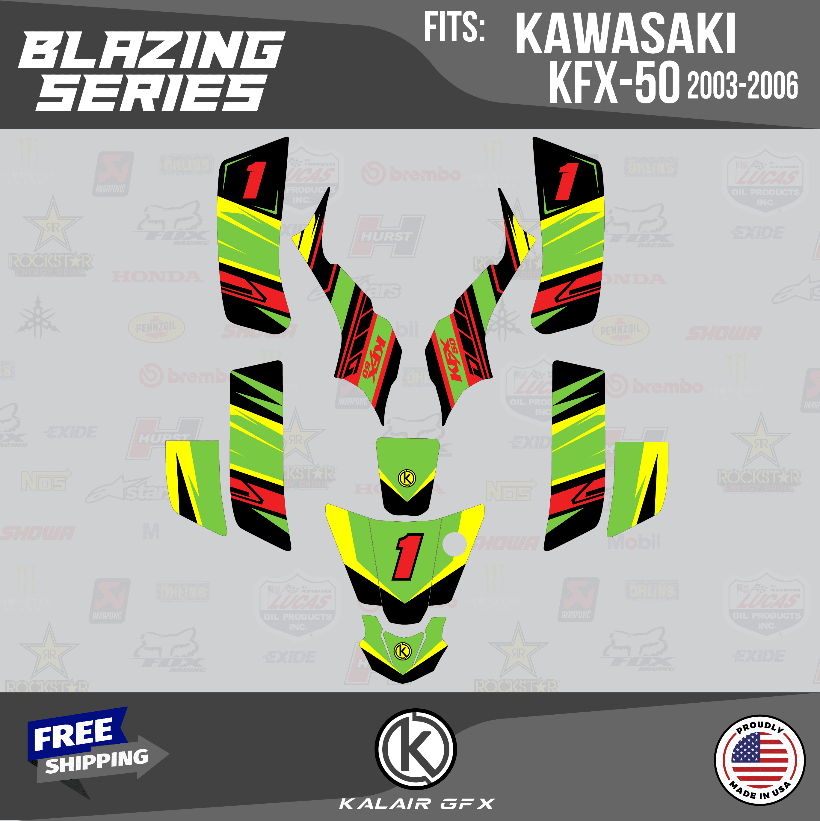 Kalair GFX Graphics Kit for Kawasaki ATV KFX50 (2003-2006) Blazing ...