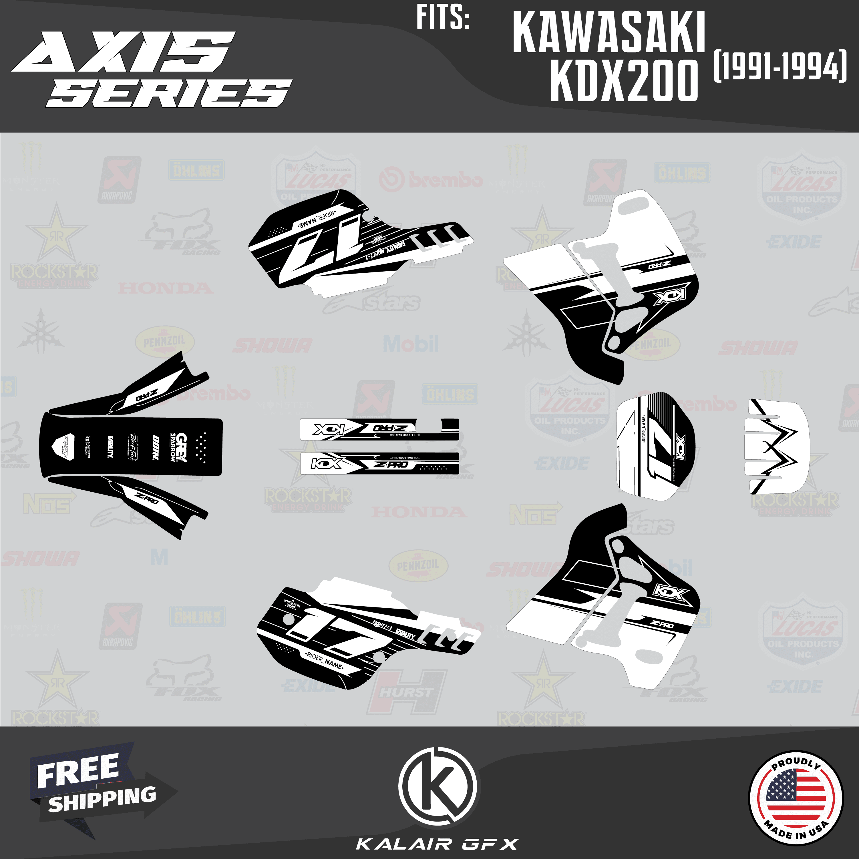 Kalair GFX Graphics Kit for Kawasaki KDX200 (1991-1994) Axis Series - Walmart.com