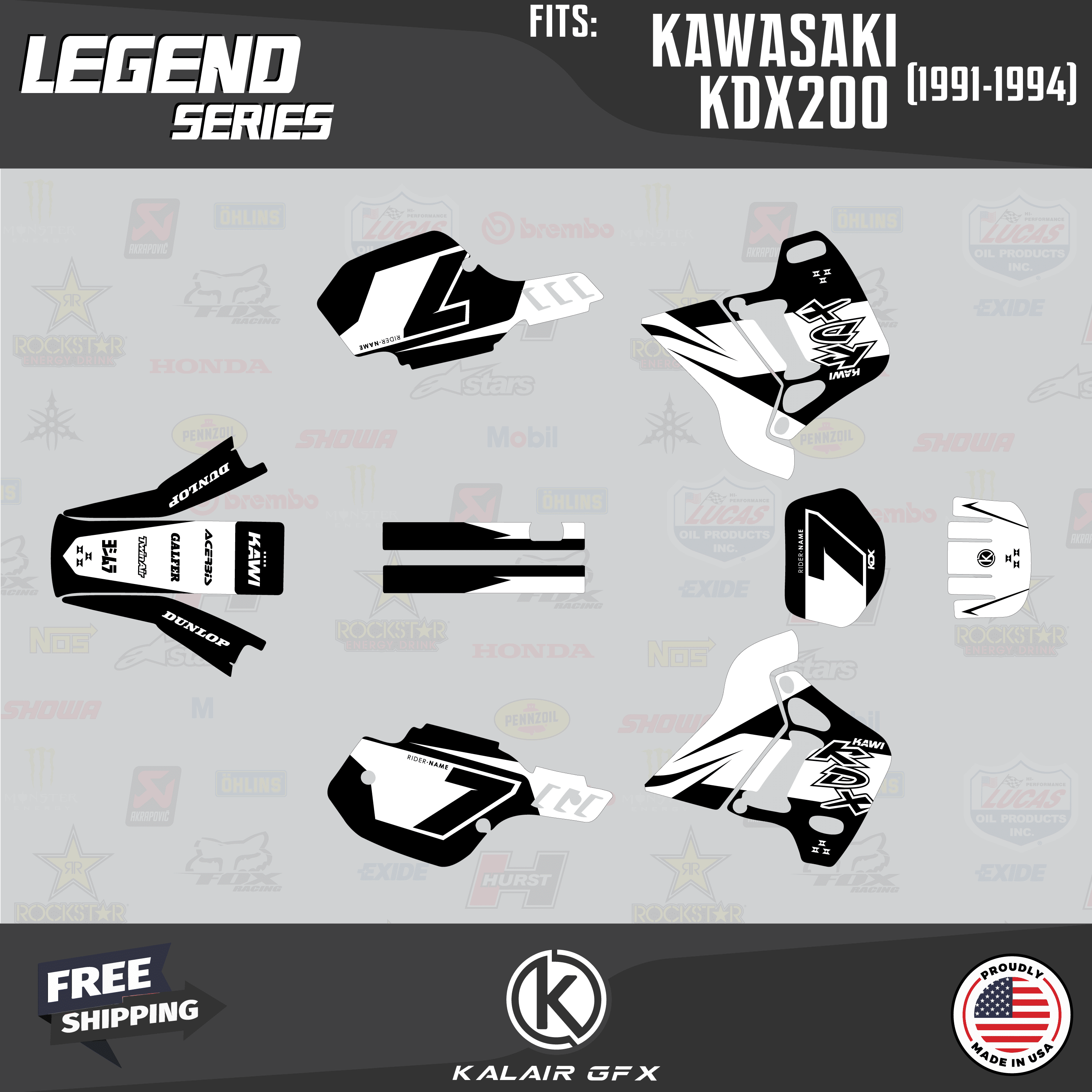 Kalair GFX Graphics Kit for Kawasaki KDX200 (1991-1994) Legend Series ...