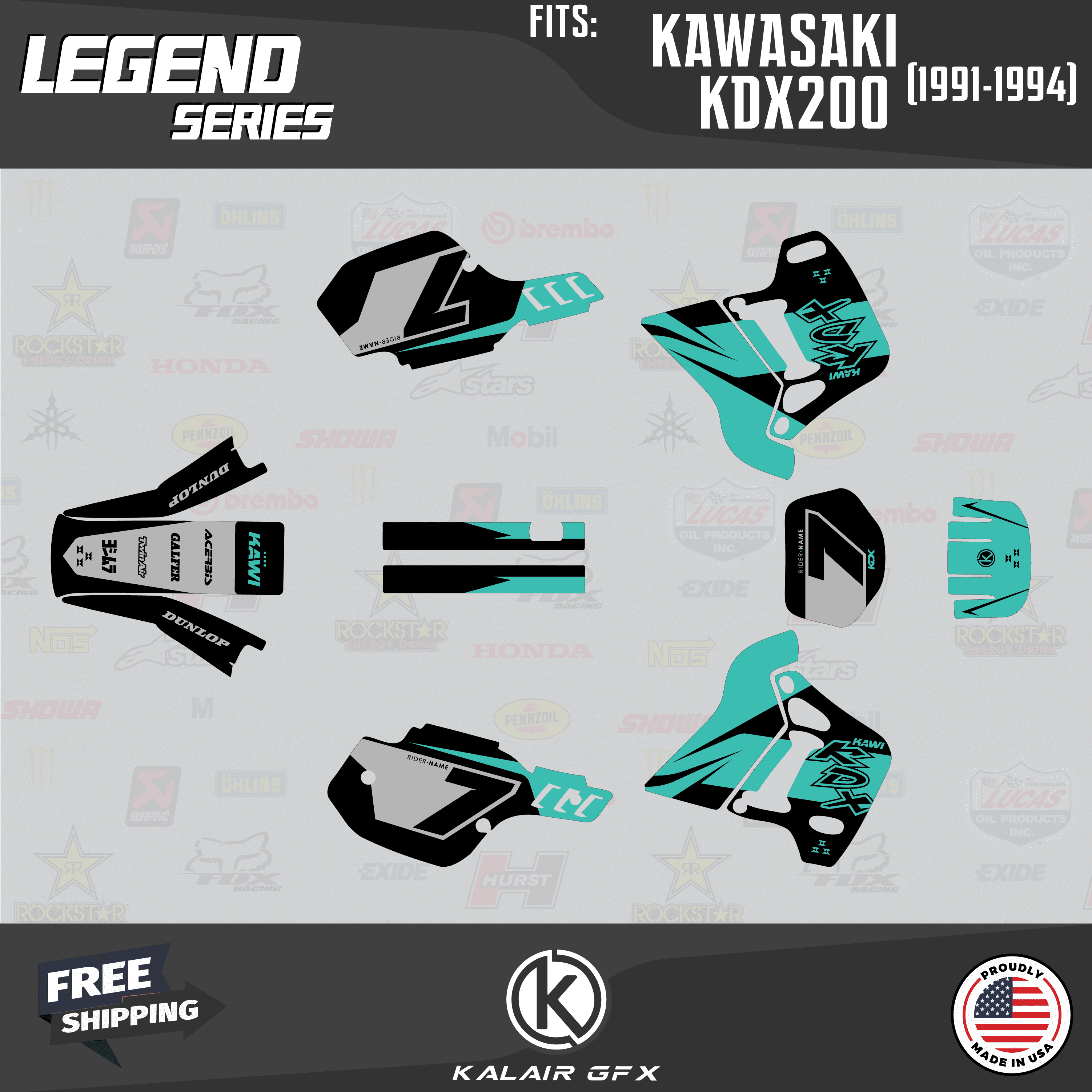 Kalair GFX Graphics Kit for Kawasaki KDX200 (1991-1994) Legend Series ...