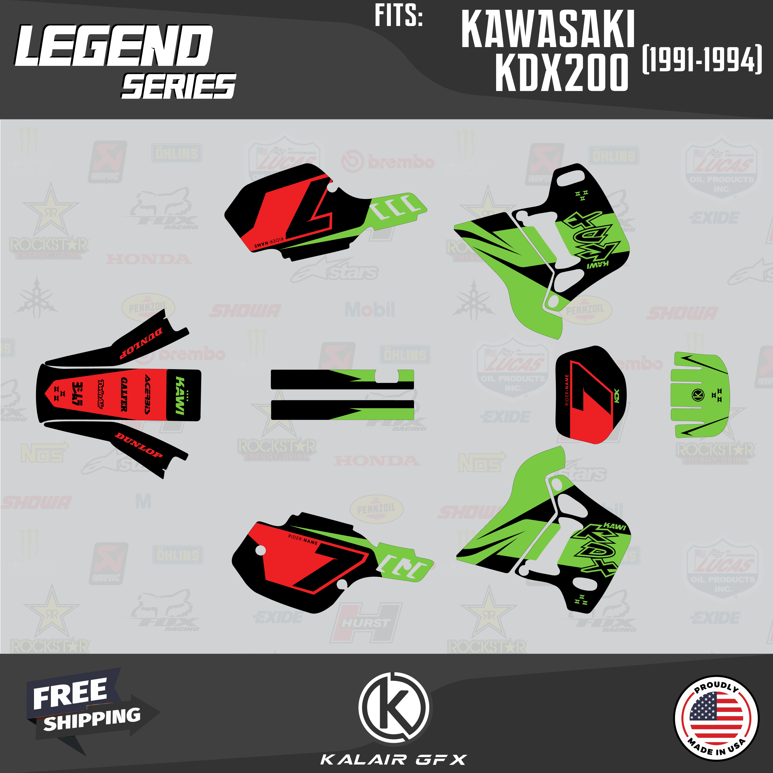 Kalair GFX Graphics Kit for Kawasaki KDX200 (1991-1994) Legend Series ...