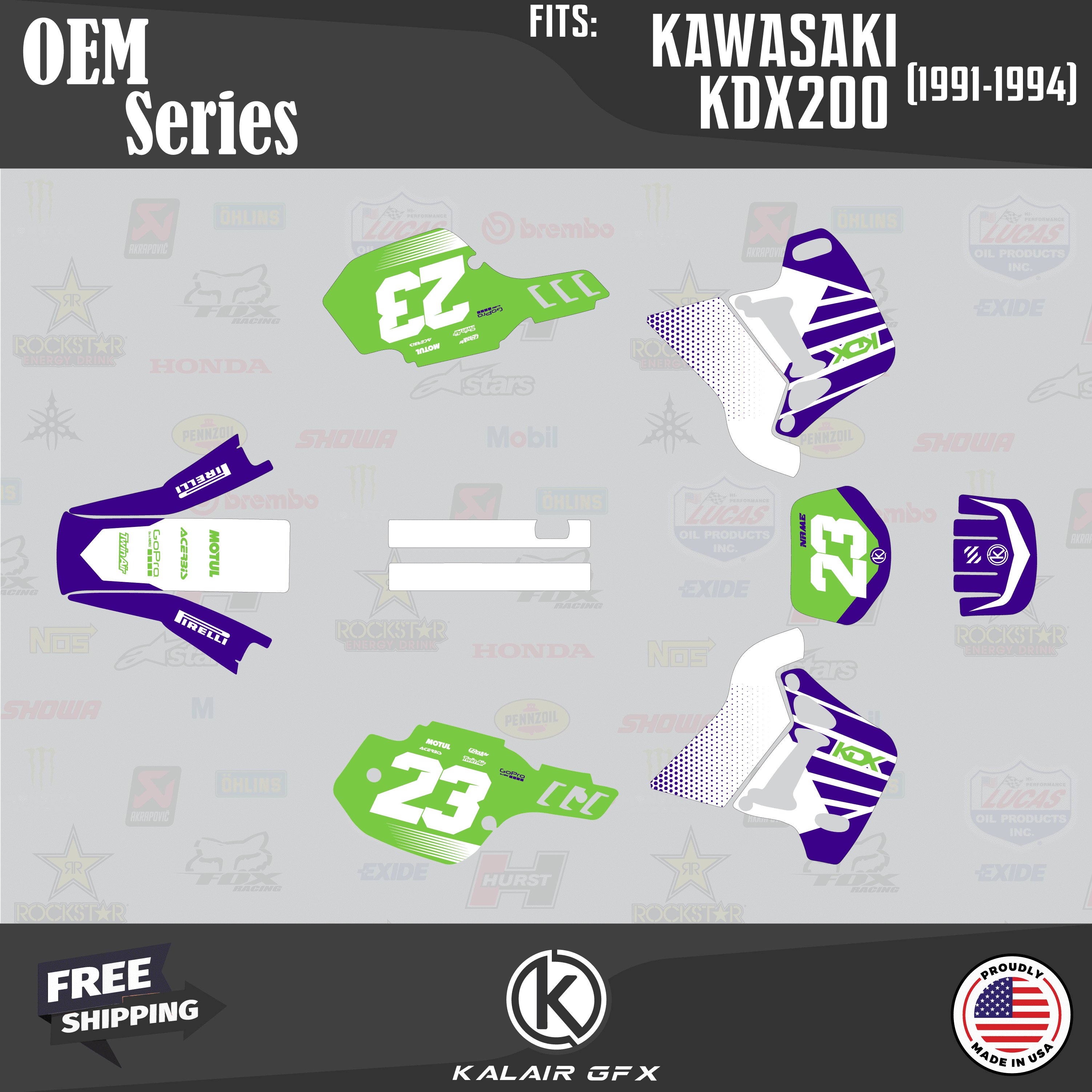 Kalair GFX Graphics Kit for Kawasaki KDX200 (1991-1994) Oem Series ...