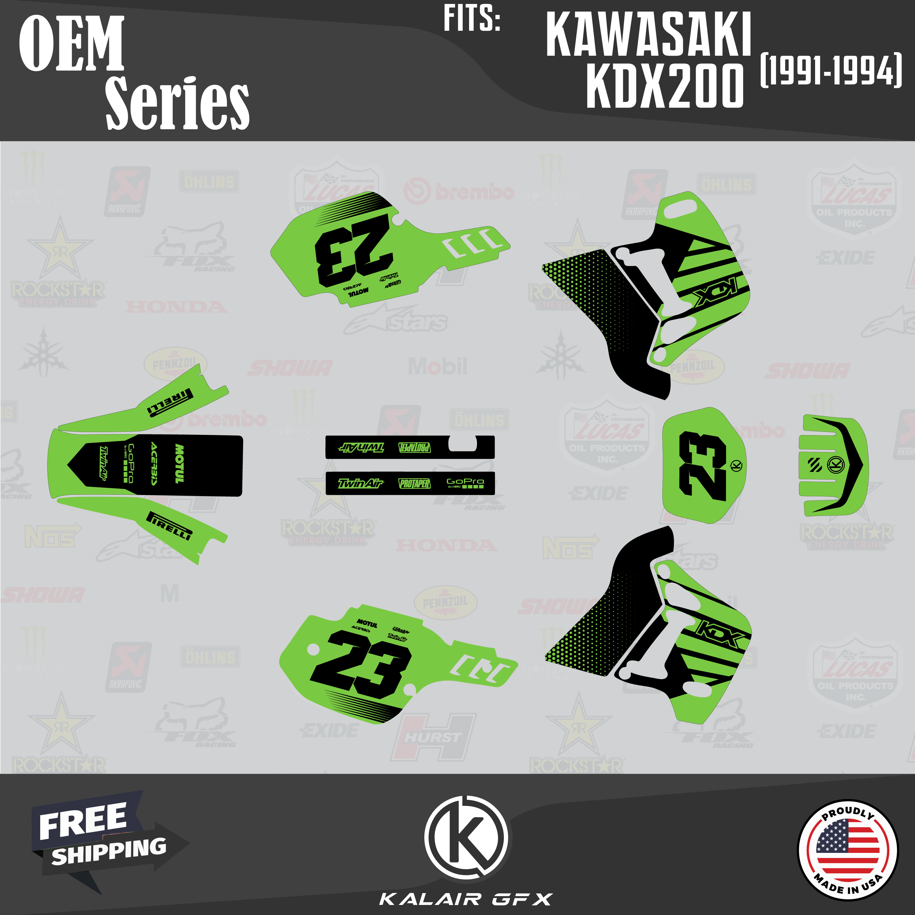Kalair GFX Graphics Kit for Kawasaki KDX200 (1991-1994) Oem Series ...