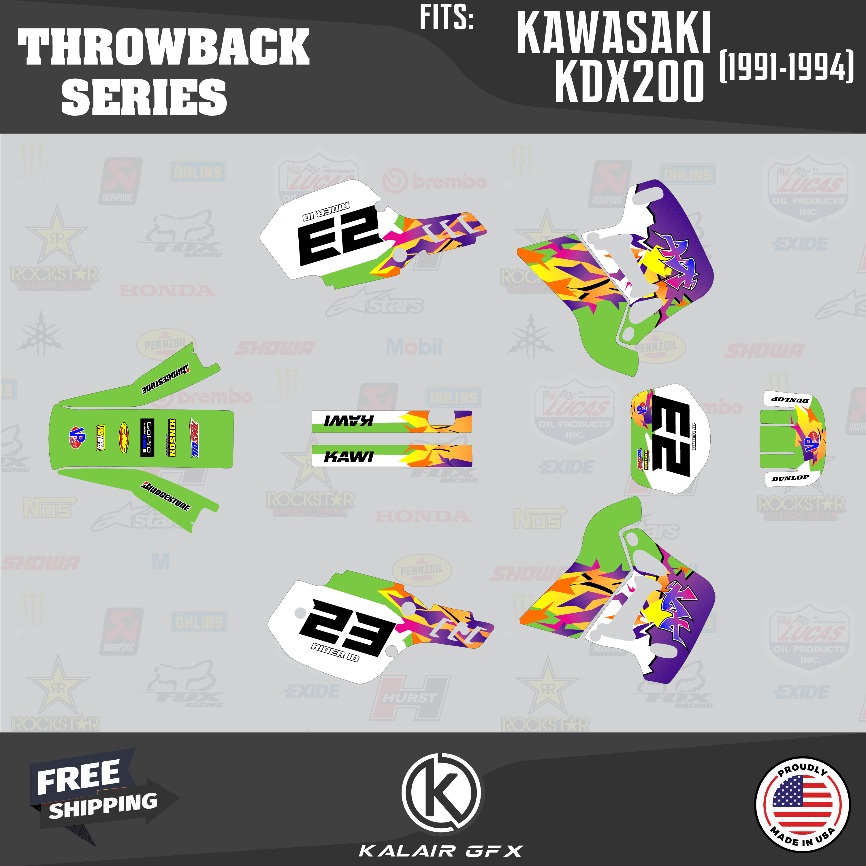 Kalair GFX Graphics Kit for Kawasaki KDX200 (1991-1994) Throwback ...