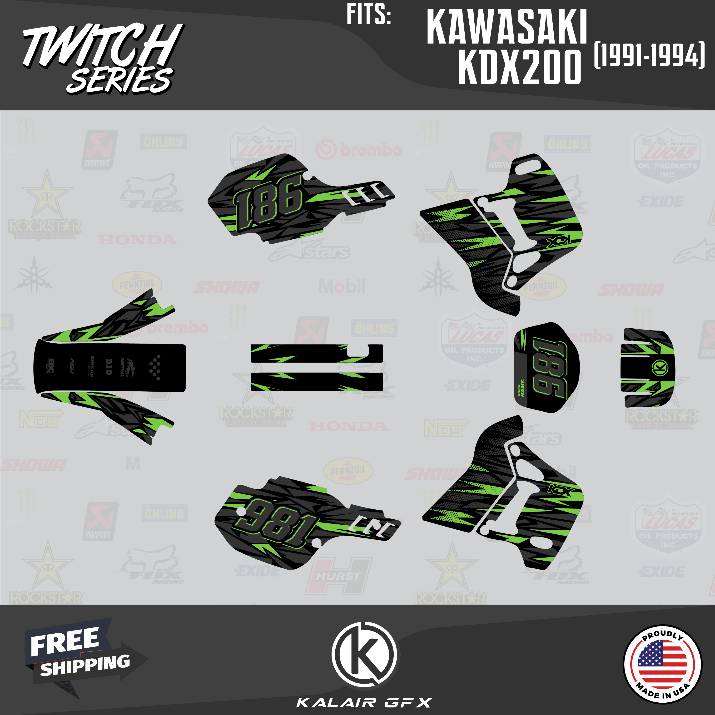 Kalair GFX Graphics Kit for Kawasaki KDX200 (1991-1994) Twitch Series ...