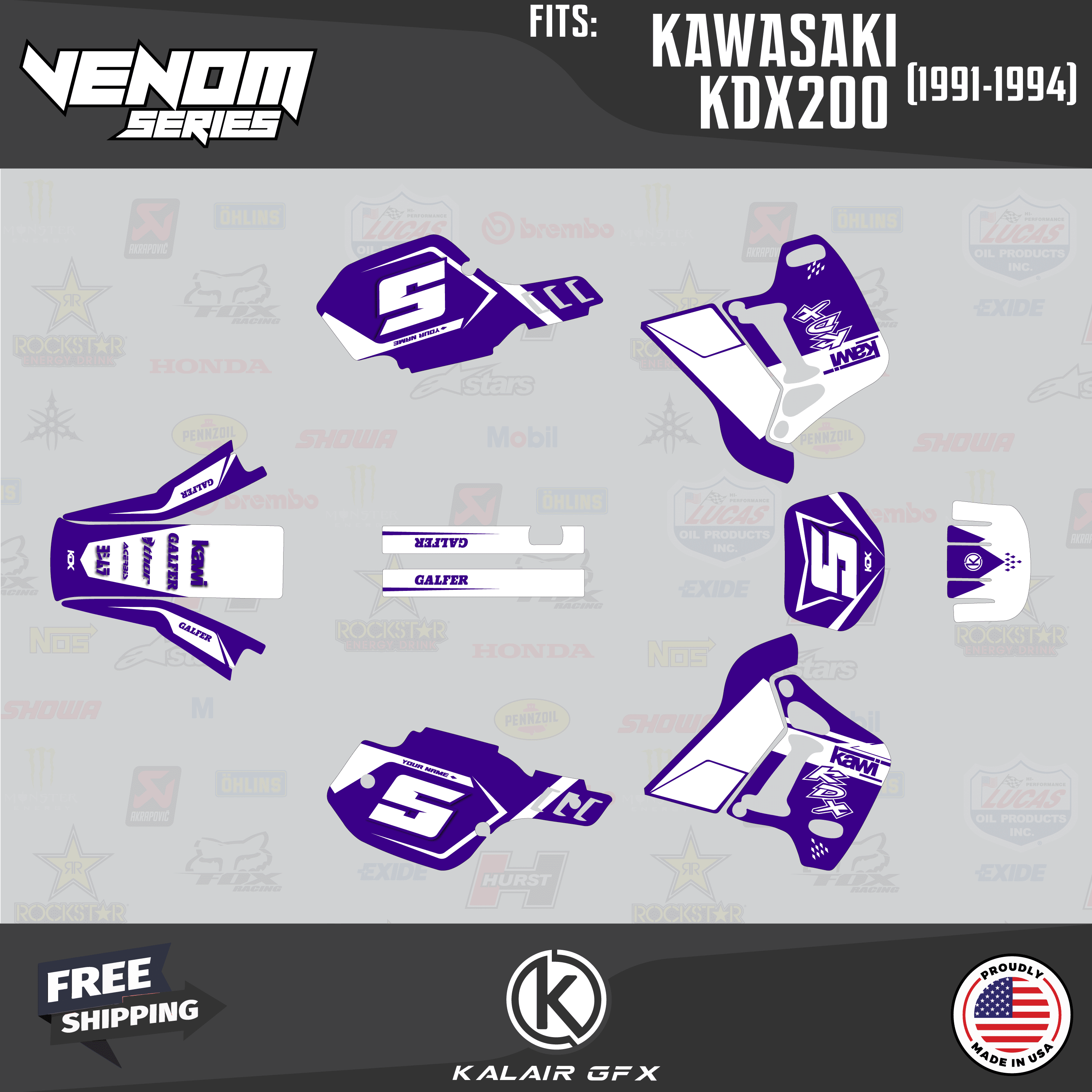 Kalair GFX Graphics Kit for Kawasaki KDX200 (1991-1994) Venom Series ...