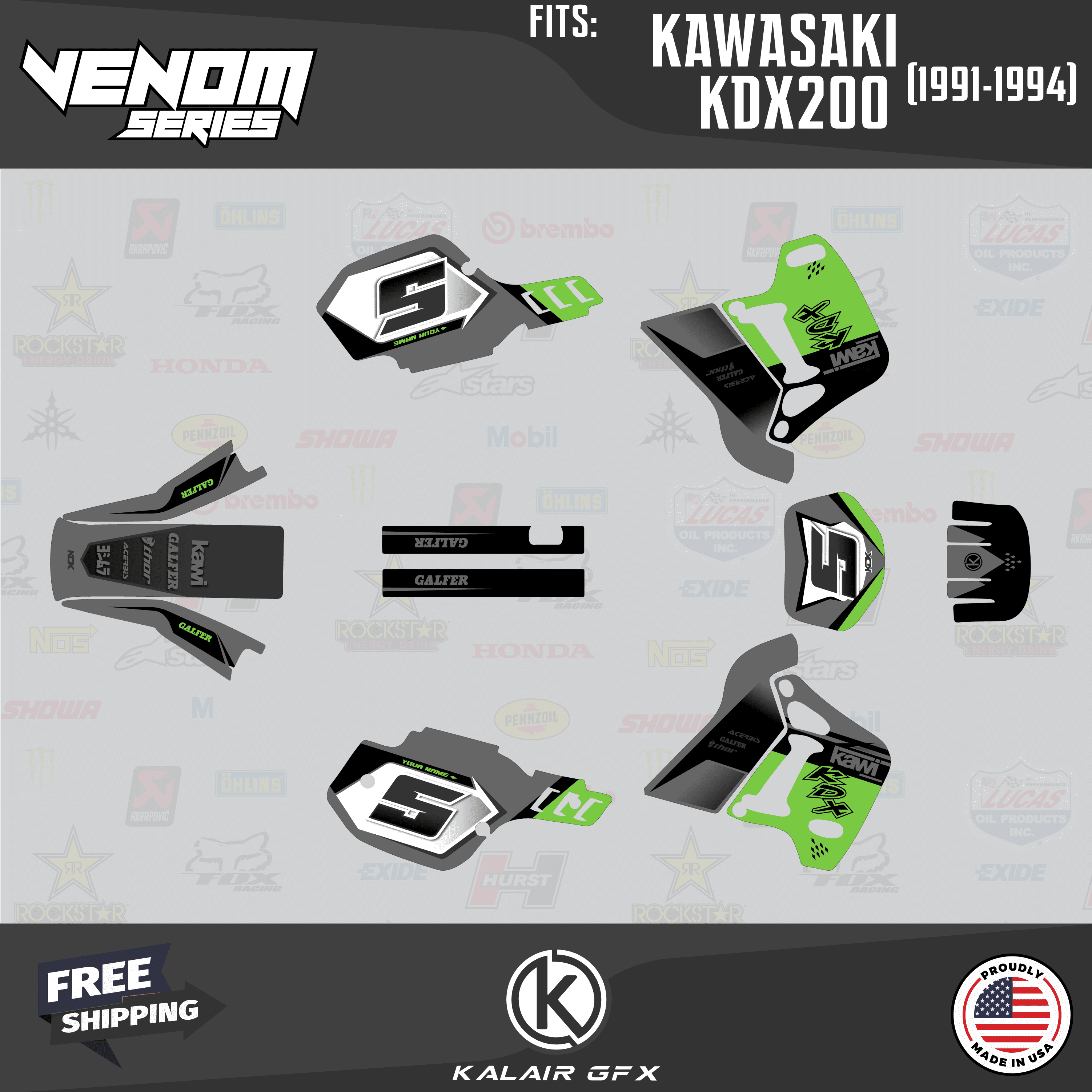 Kalair GFX Graphics Kit for Kawasaki KDX200 (1991-1994) Venom Series ...