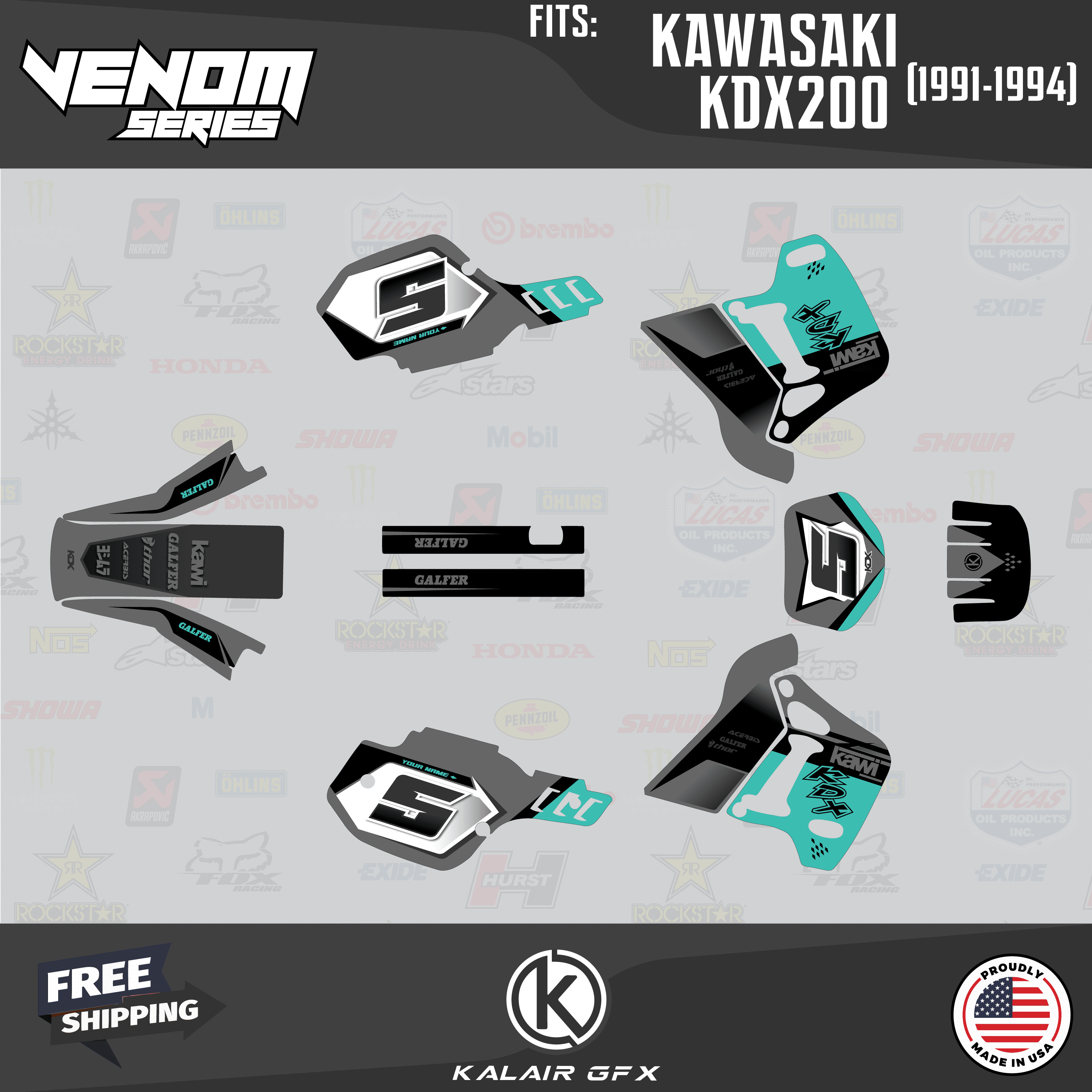 Kalair GFX Graphics Kit for Kawasaki KDX200 (1991-1994) Venom Series ...