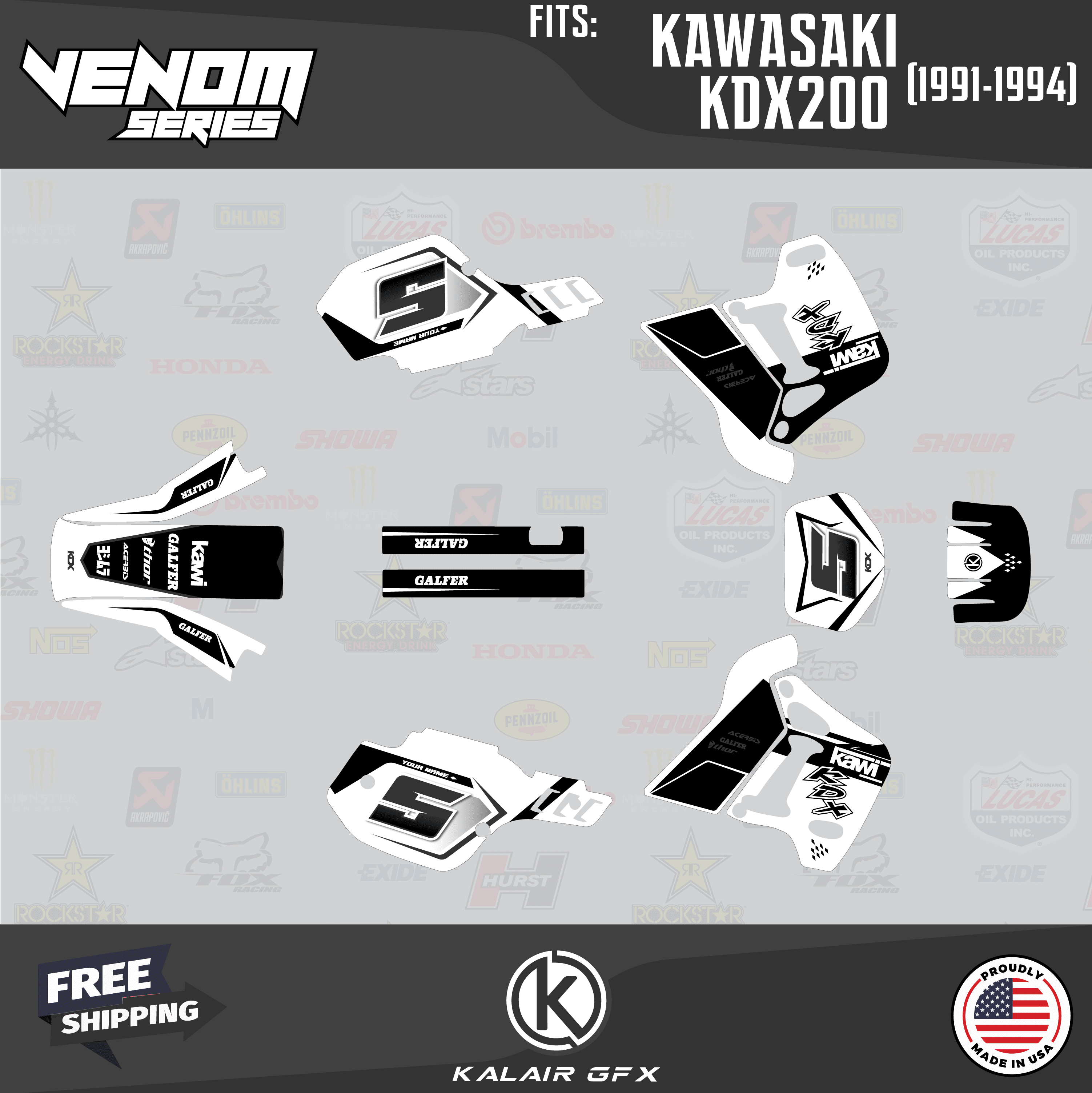 Kalair GFX Graphics Kit for Kawasaki KDX200 (1991-1994) Venom Series ...