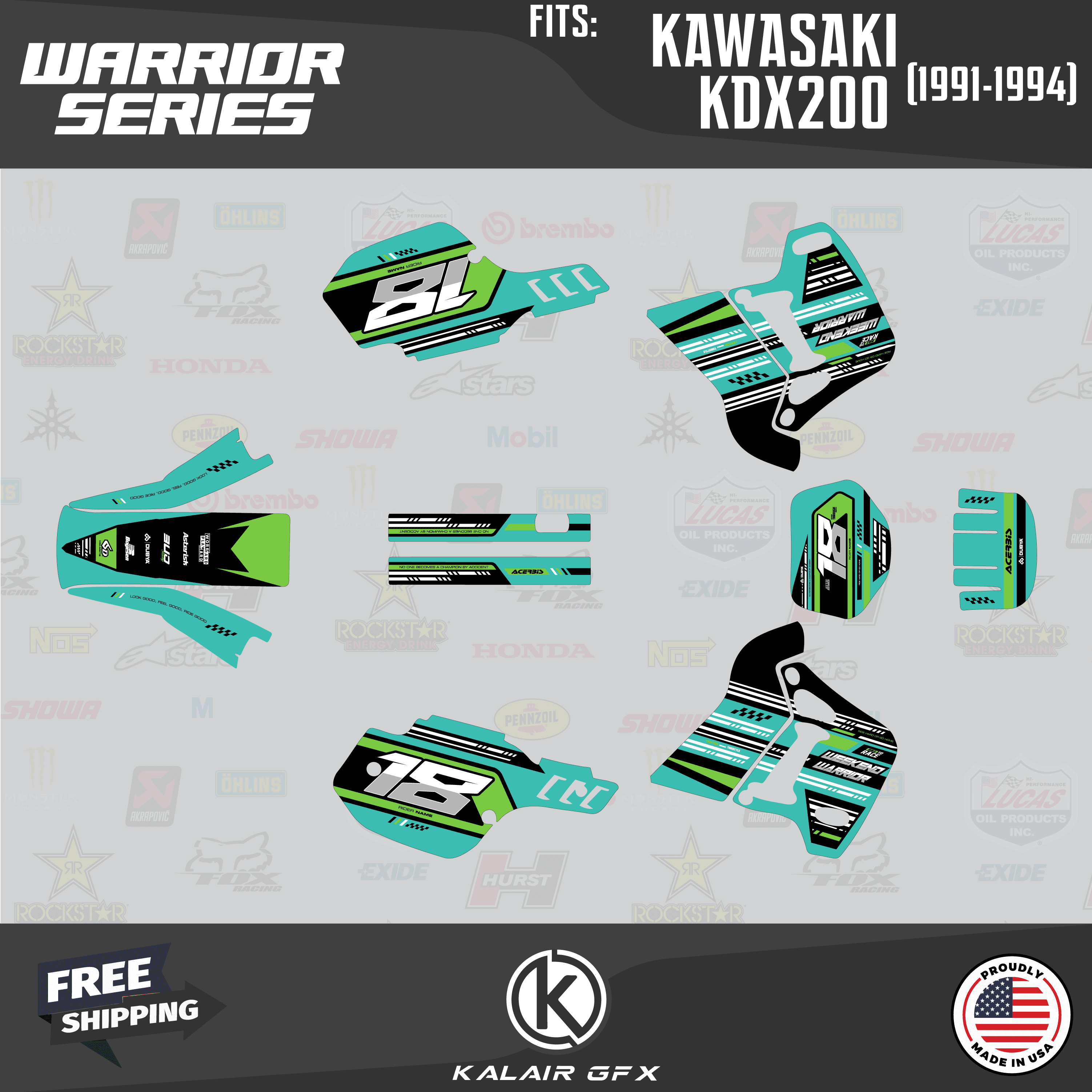Kalair GFX Graphics Kit for Kawasaki KDX200 (1991-1994) Warrior Series ...