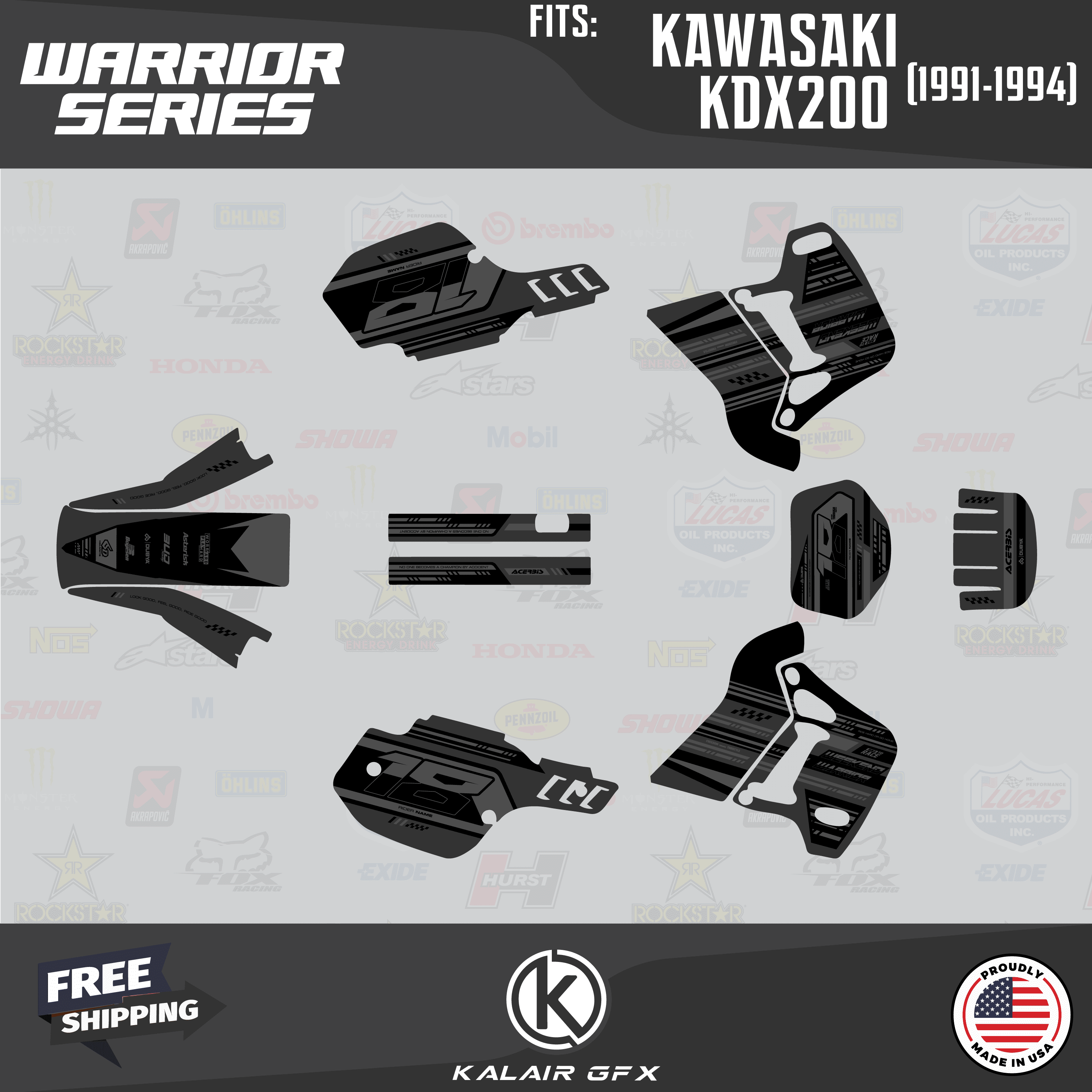 Kalair GFX Graphics Kit for Kawasaki KDX200 (1991-1994) Warrior Series ...