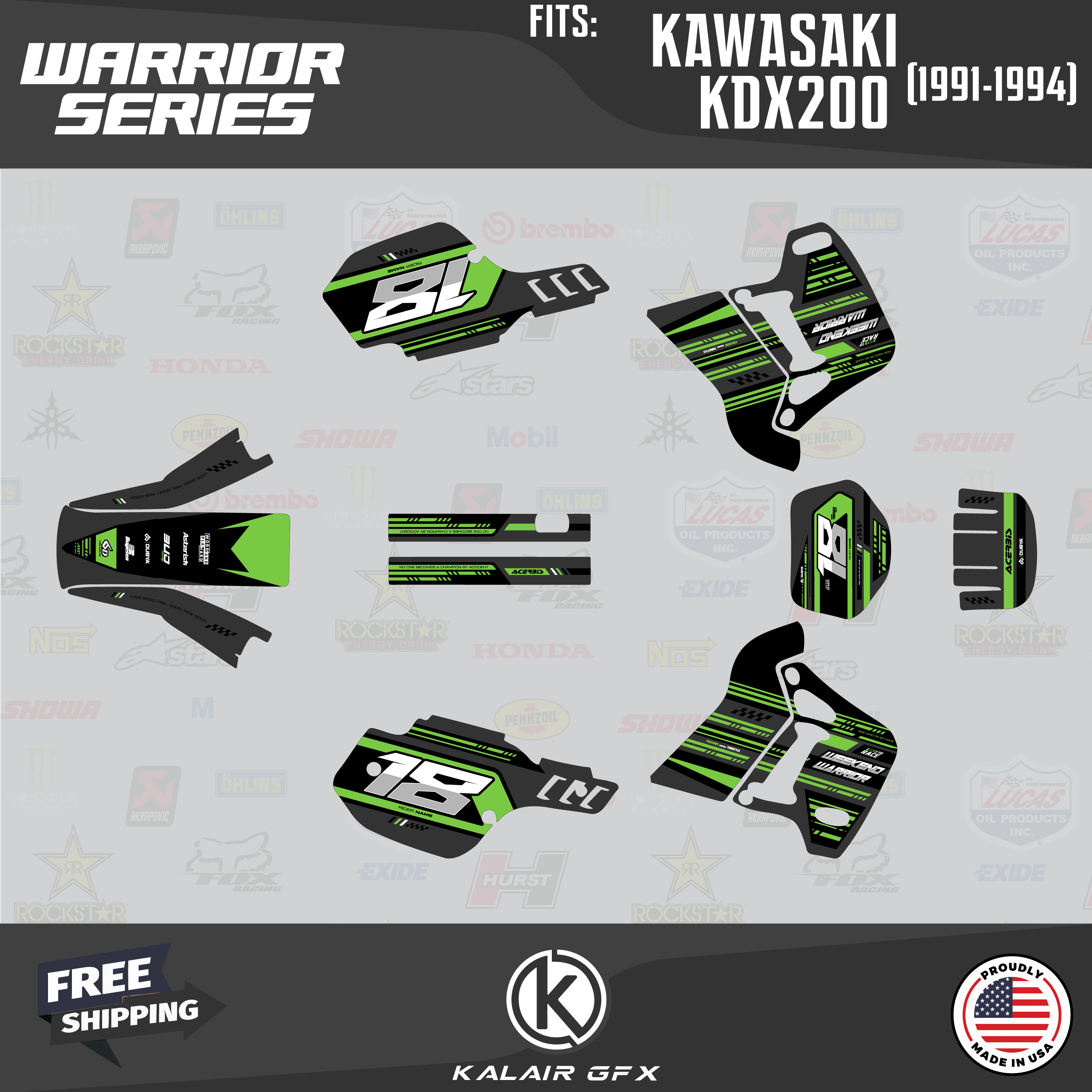 Kalair GFX Graphics Kit for Kawasaki KDX200 (1991-1994) Warrior Series ...