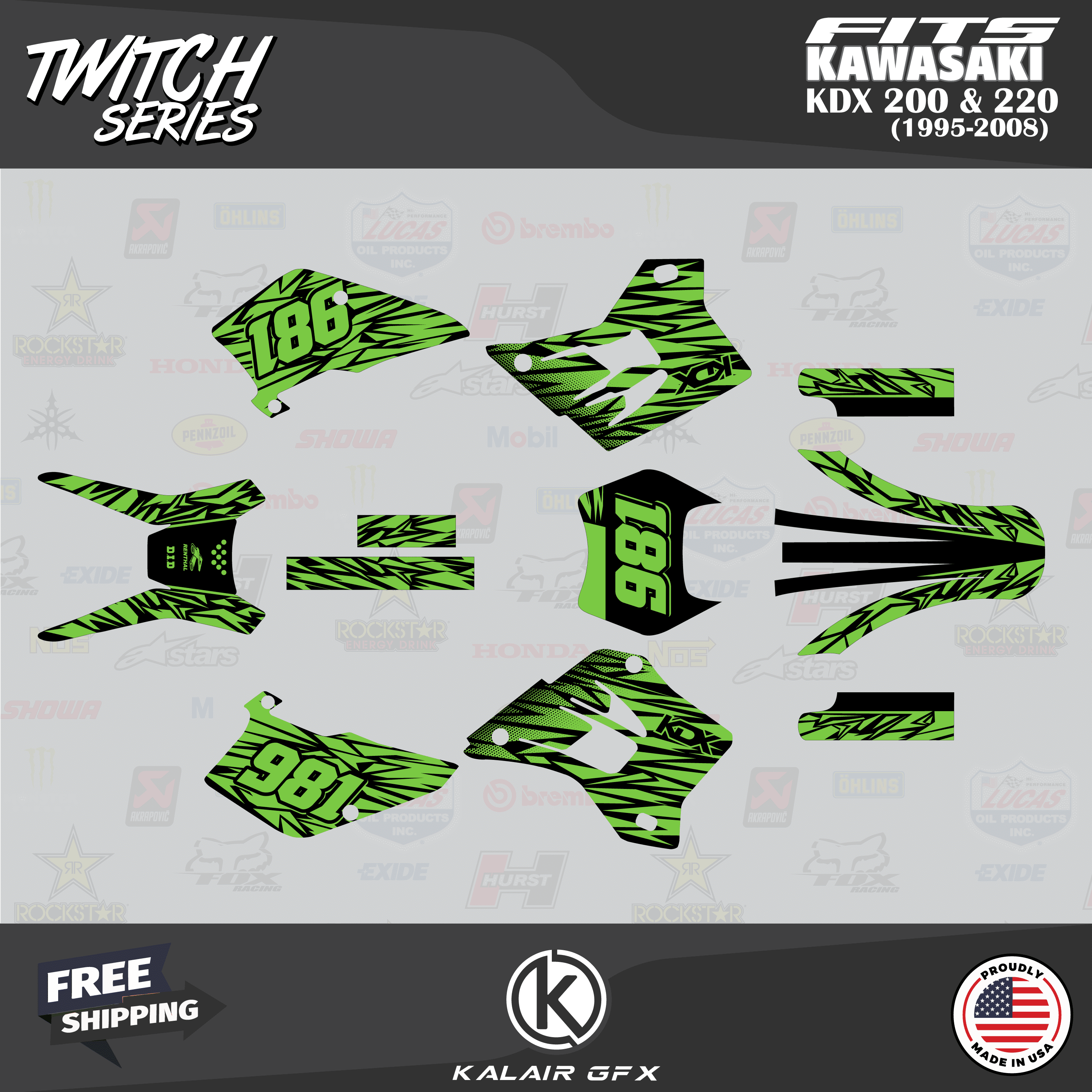 Kalair GFX Graphics Kit for Kawasaki KDX200 KDX220 (1995-2008) Twitch ...