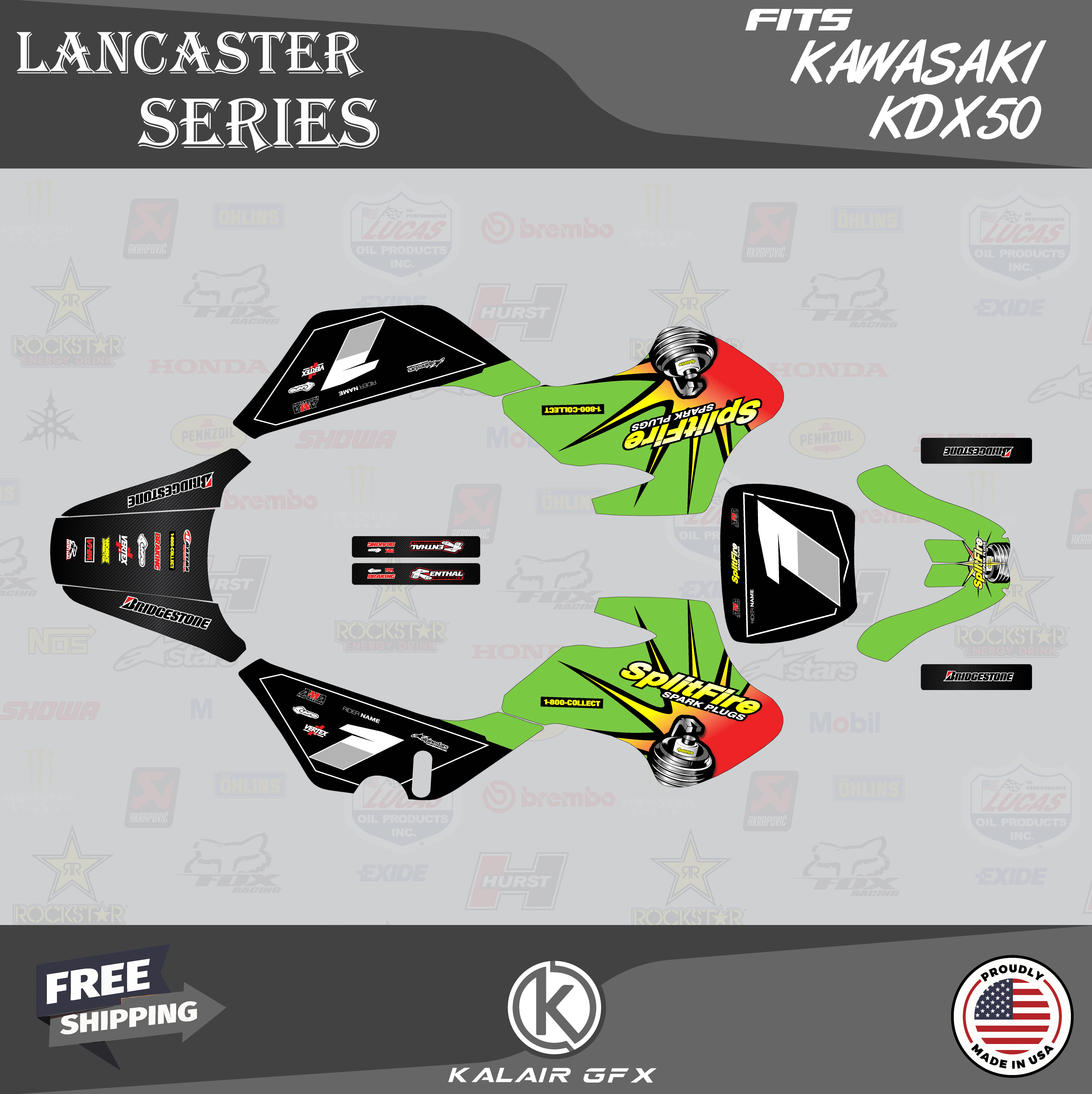 Kalair GFX Graphics Kit for Kawasaki KDX50 (All Years) Lancaster Series ...
