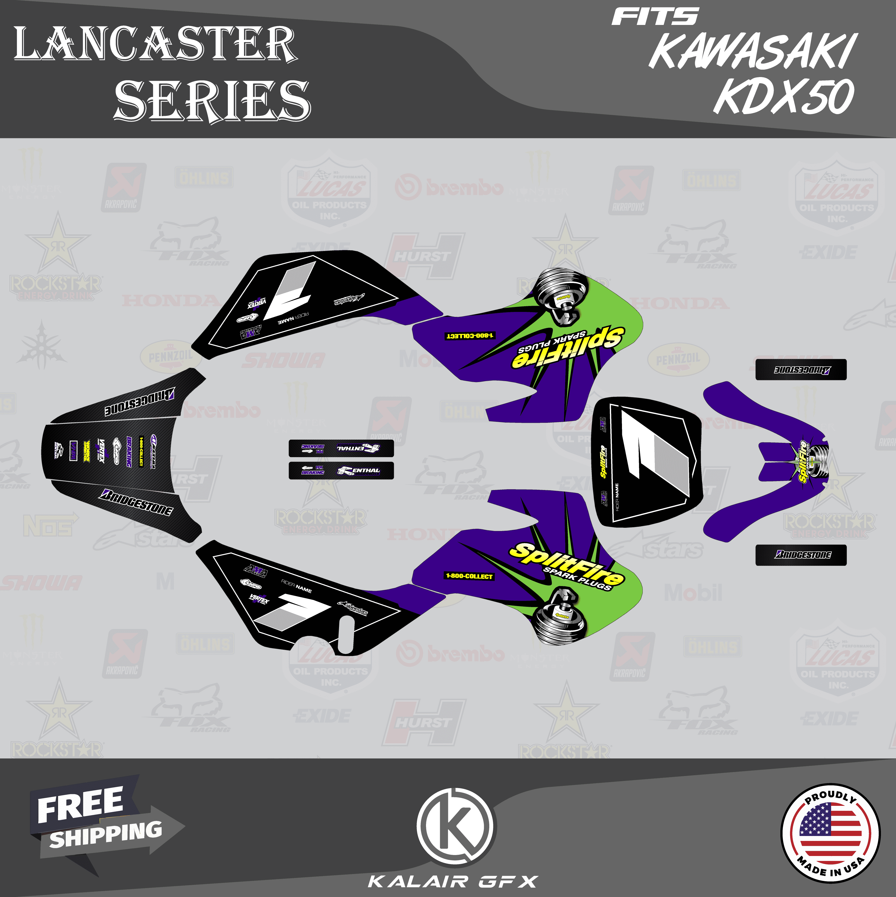 Kalair GFX Graphics Kit for Kawasaki KDX50 (All Years) Lancaster Series ...