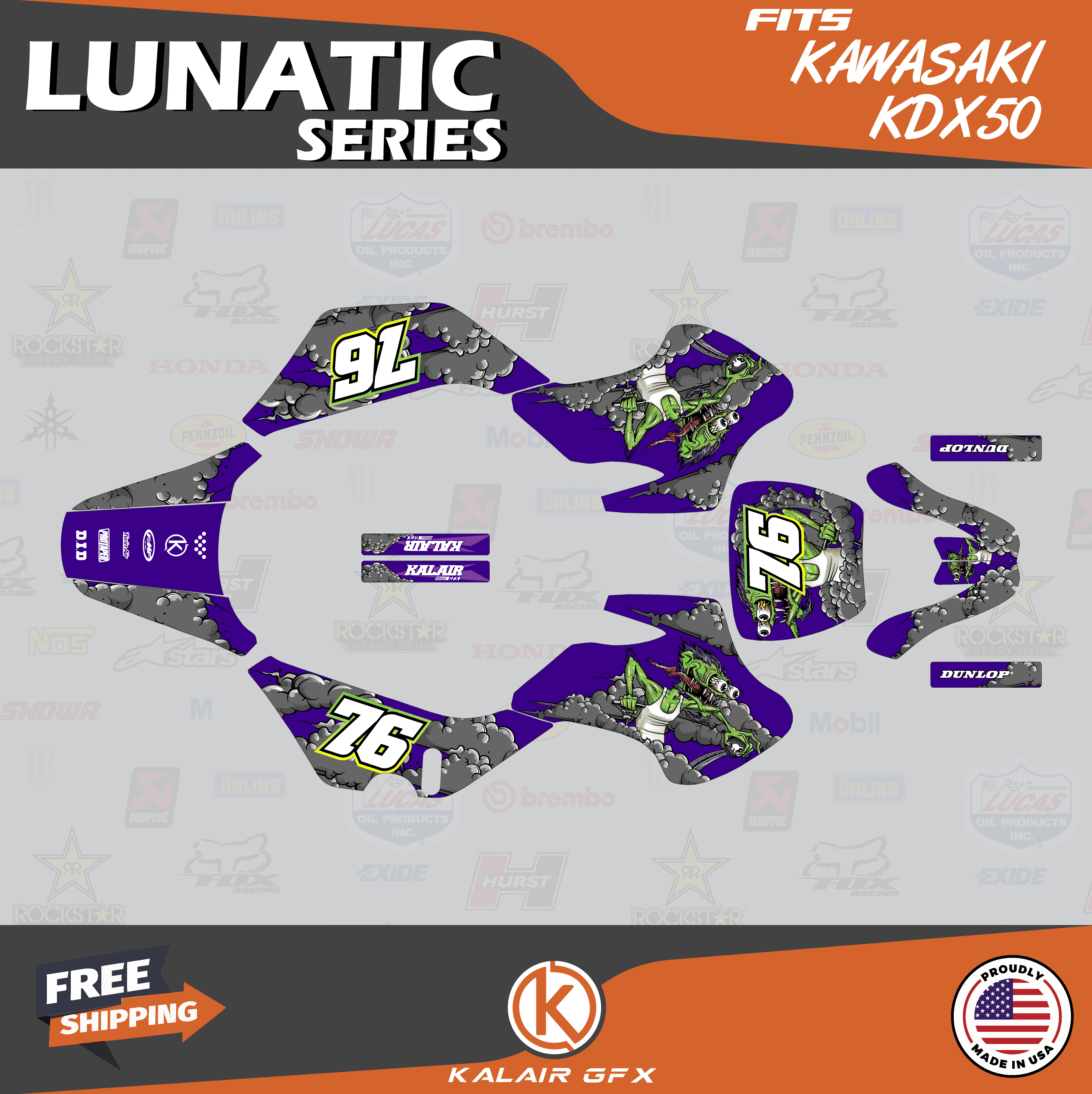 Kalair GFX Graphics Kit for Kawasaki KDX50 (All Years) Lunatic Series ...
