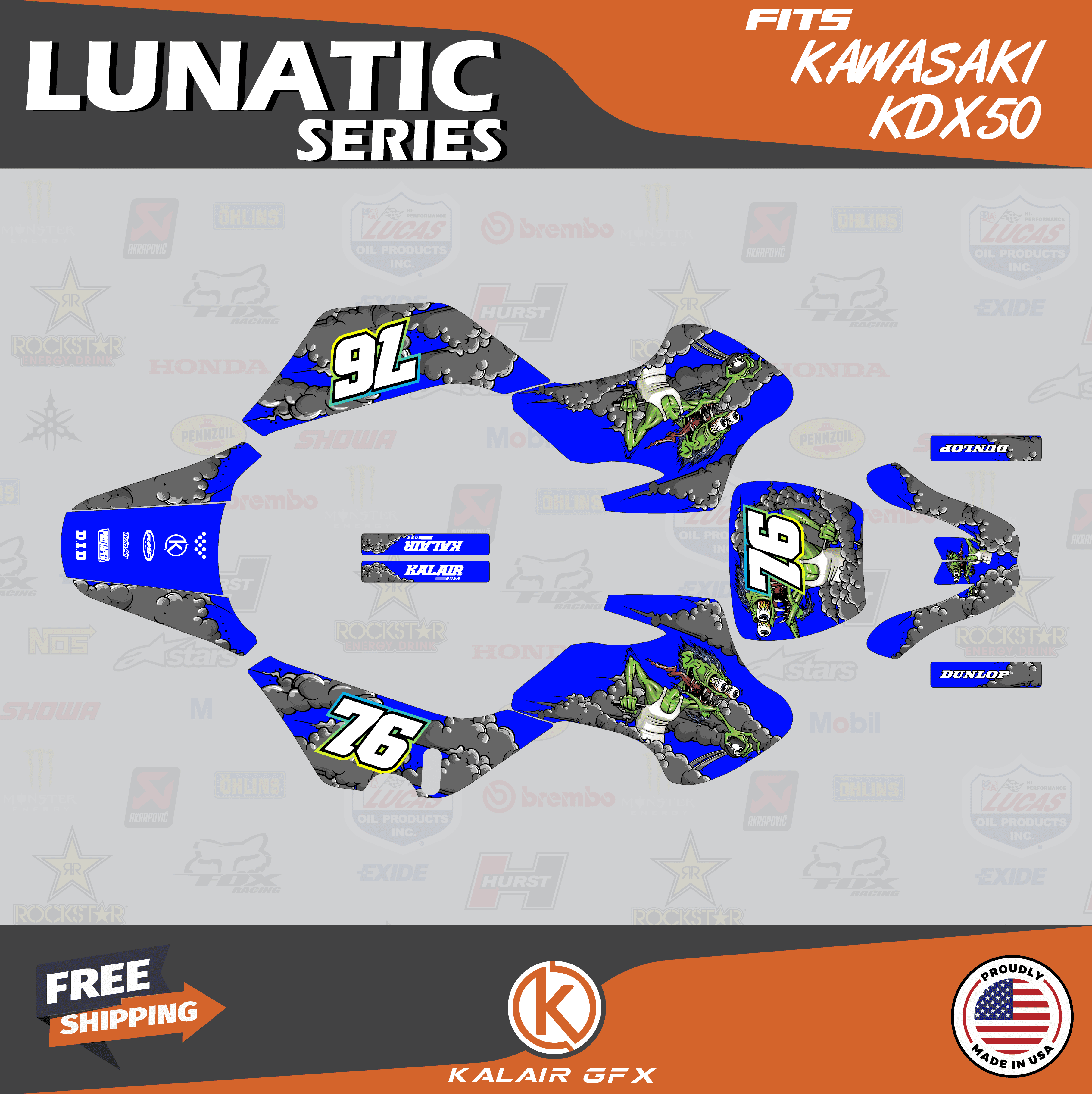 Kalair GFX Graphics Kit for Kawasaki KDX50 (All Years) Lunatic Series ...